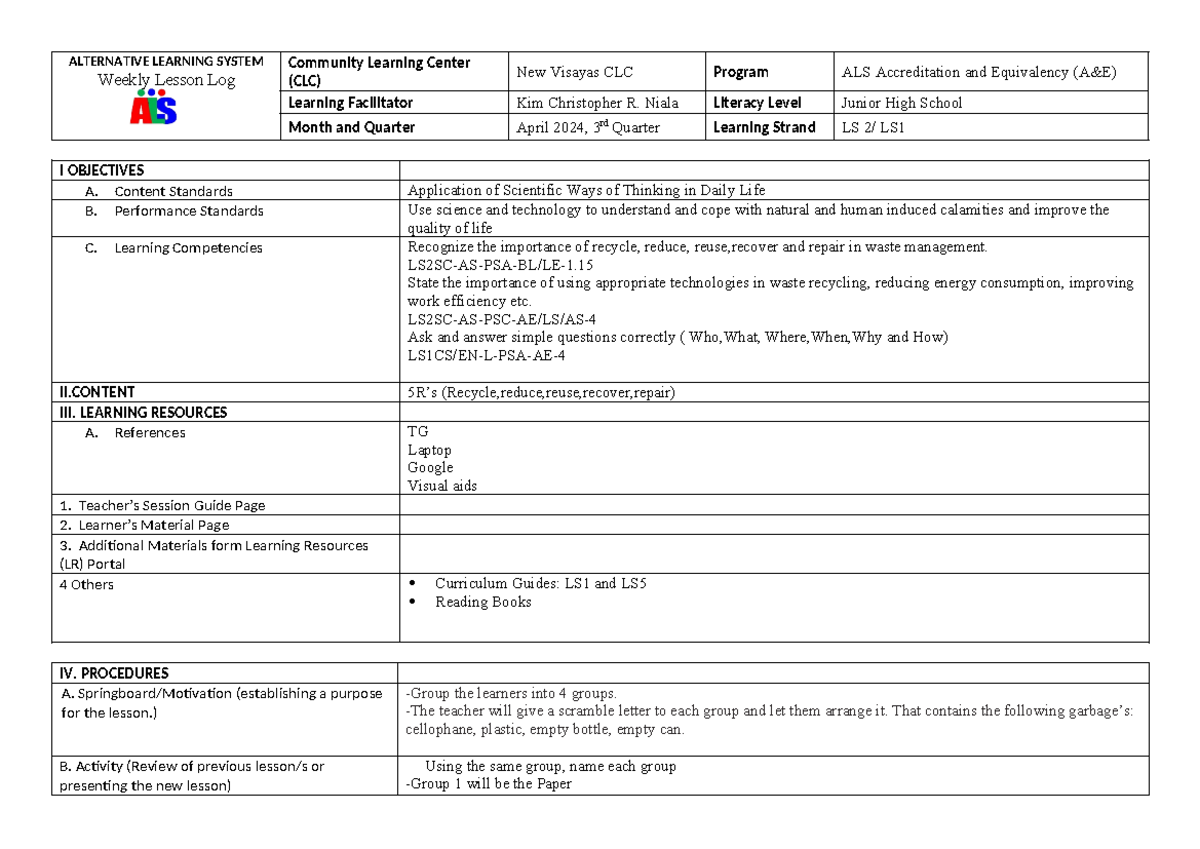 COT ALS 3rd Quarter Weekly Lesson Log: Waste Management & Recycling ...