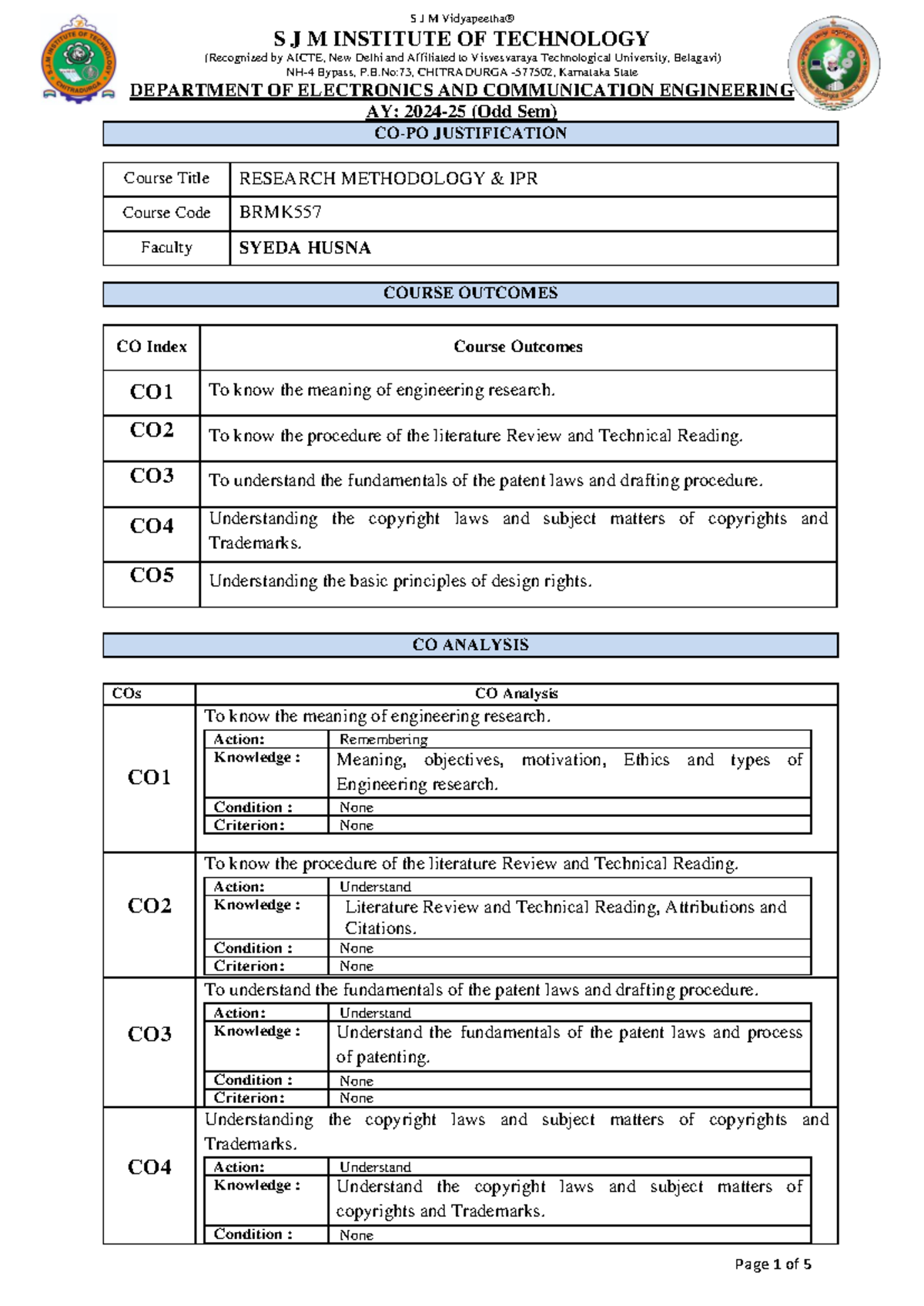 BRMK557 Research Methodology & IPR CO-PO Justification Sheet (Odd Sem ...