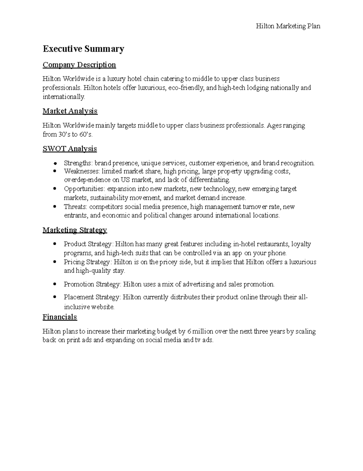 Hilton Marketing Plan: Executive Summary and Strategic Overview - Studocu