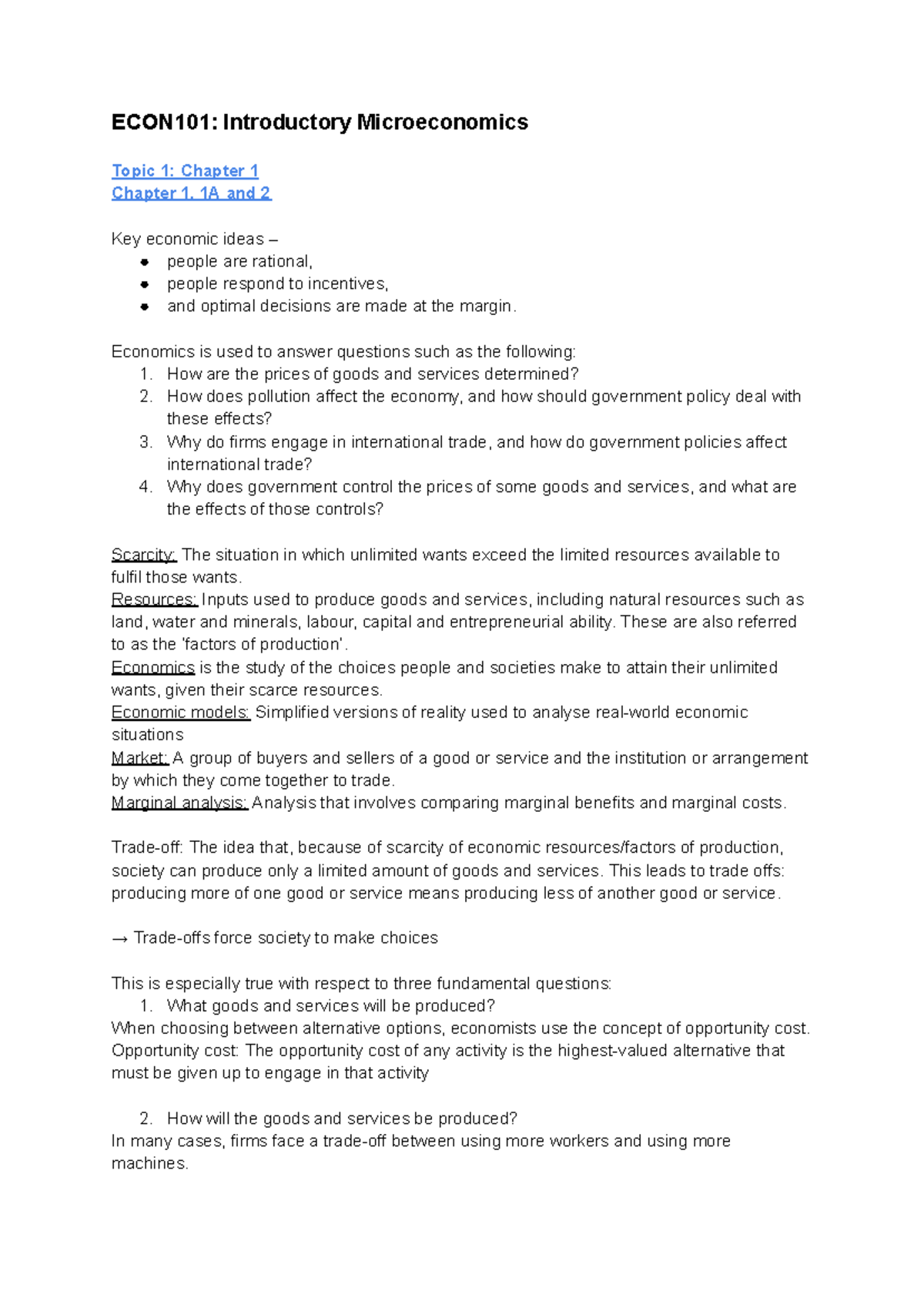 ECON101: Introductory Microeconomics - Key Concepts from Chapters 1-3 ...