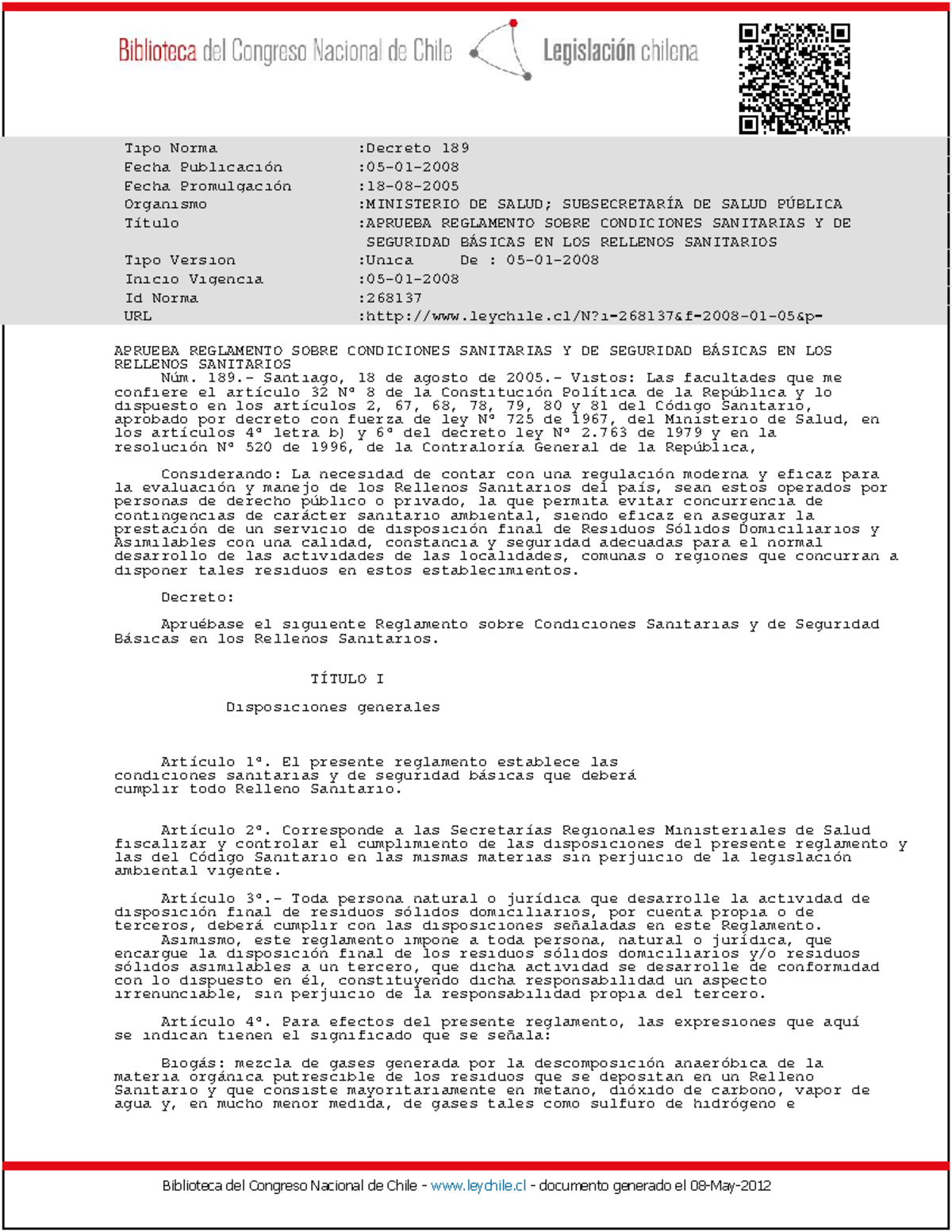 DS-189-2005: Reglamento sobre Condiciones Sanitarias en Rellenos ...