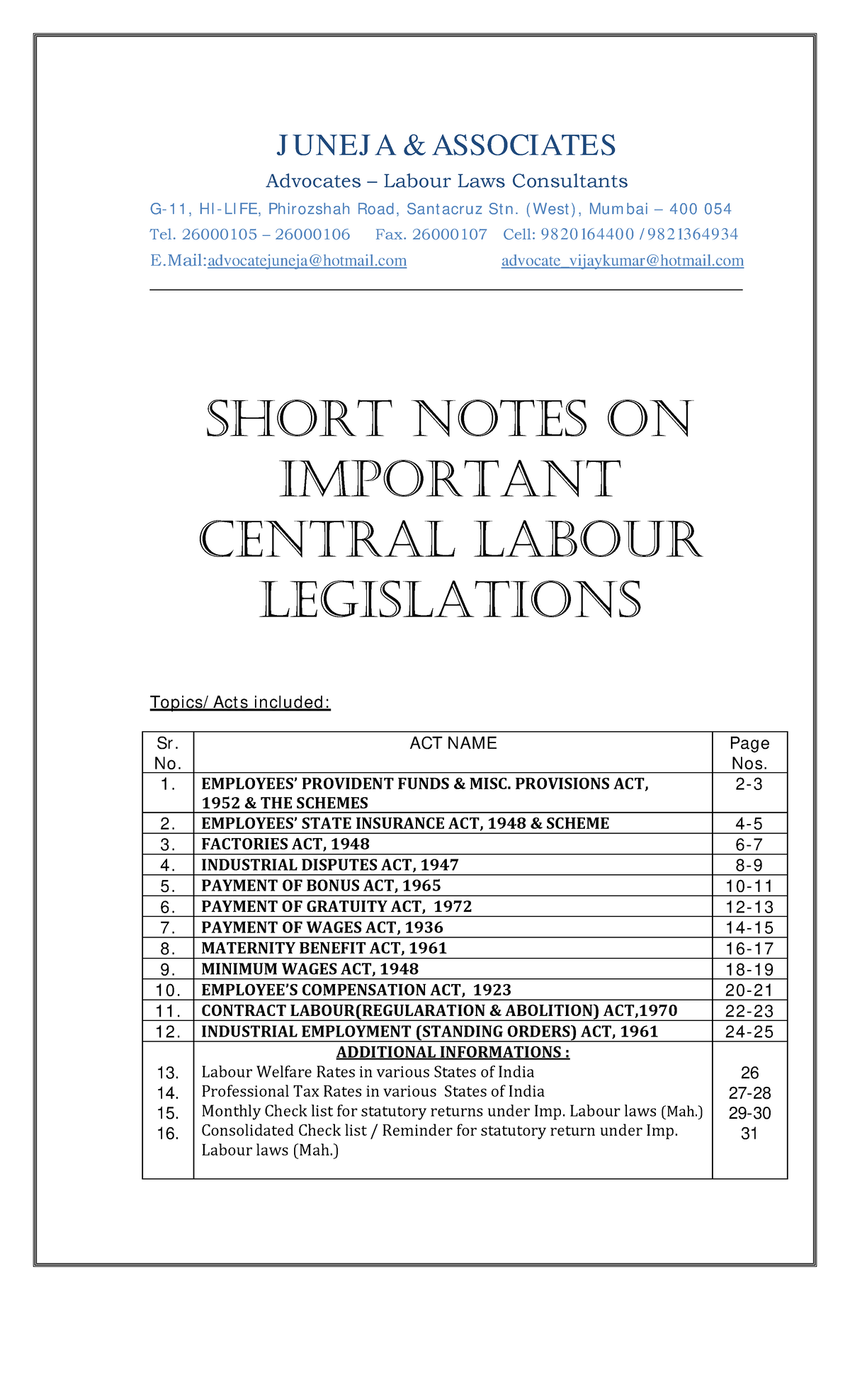 Labour Law Summary Notes (Important Acts & Provisions) - 15 PDF - Studocu