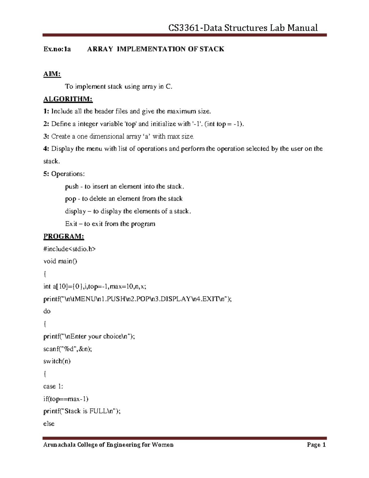 CS3361DS Lab Manual: Array Implementation of Stack & Queue - Studocu