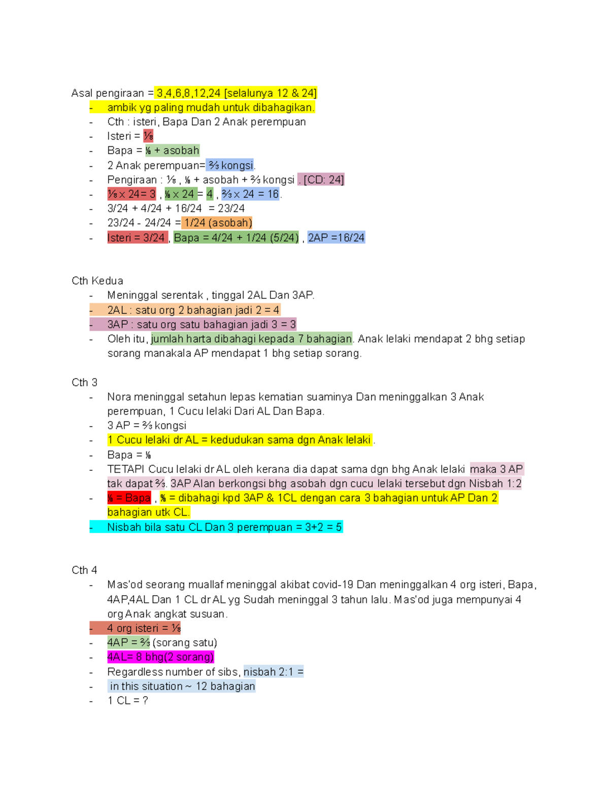 Contoh Pengiraan Faraid (CD: 24) dalam Pembahagian Harta Pusaka - Studocu