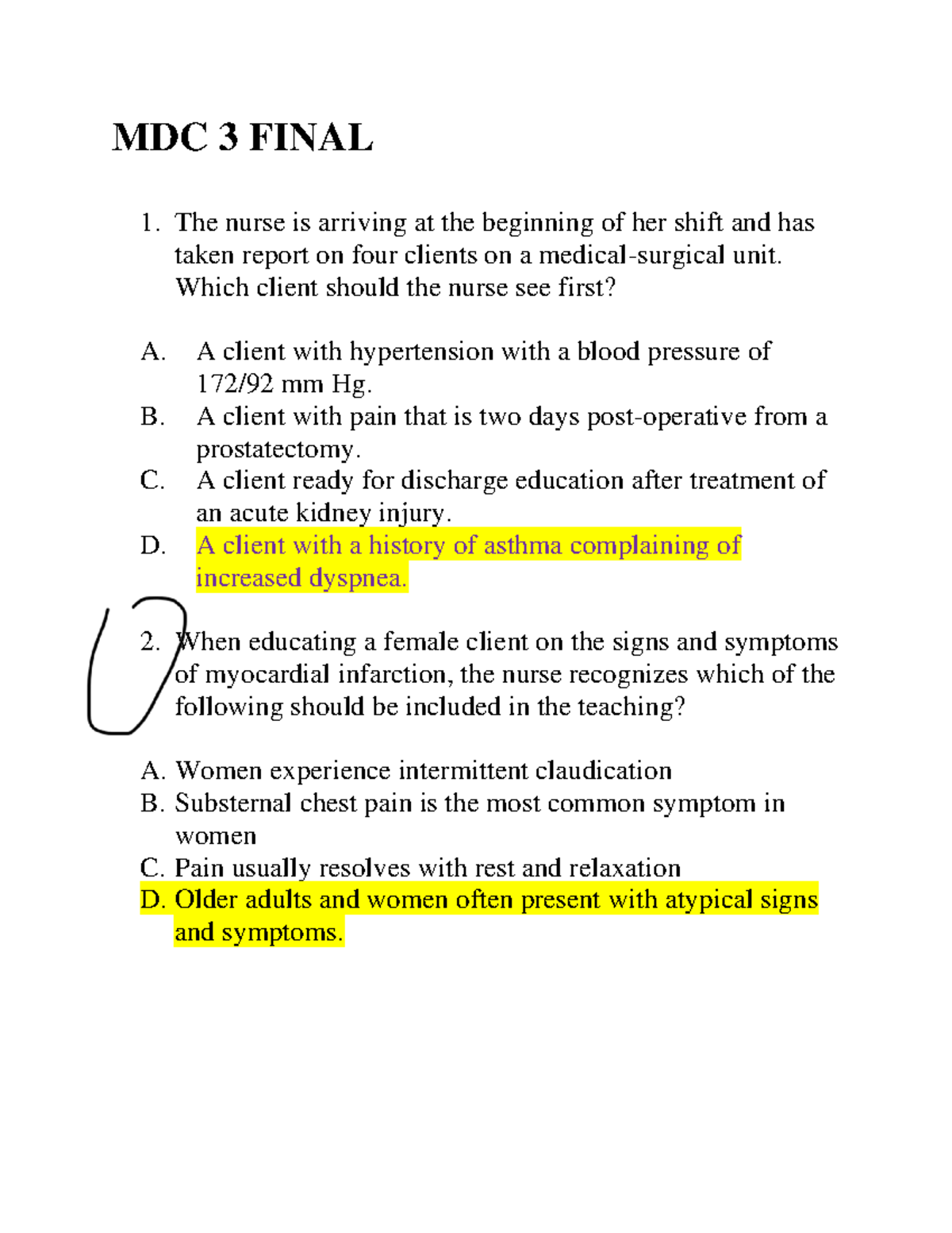 MDC #3 Final Exam Nursing Care Priorities and Client Assessment Guide ...