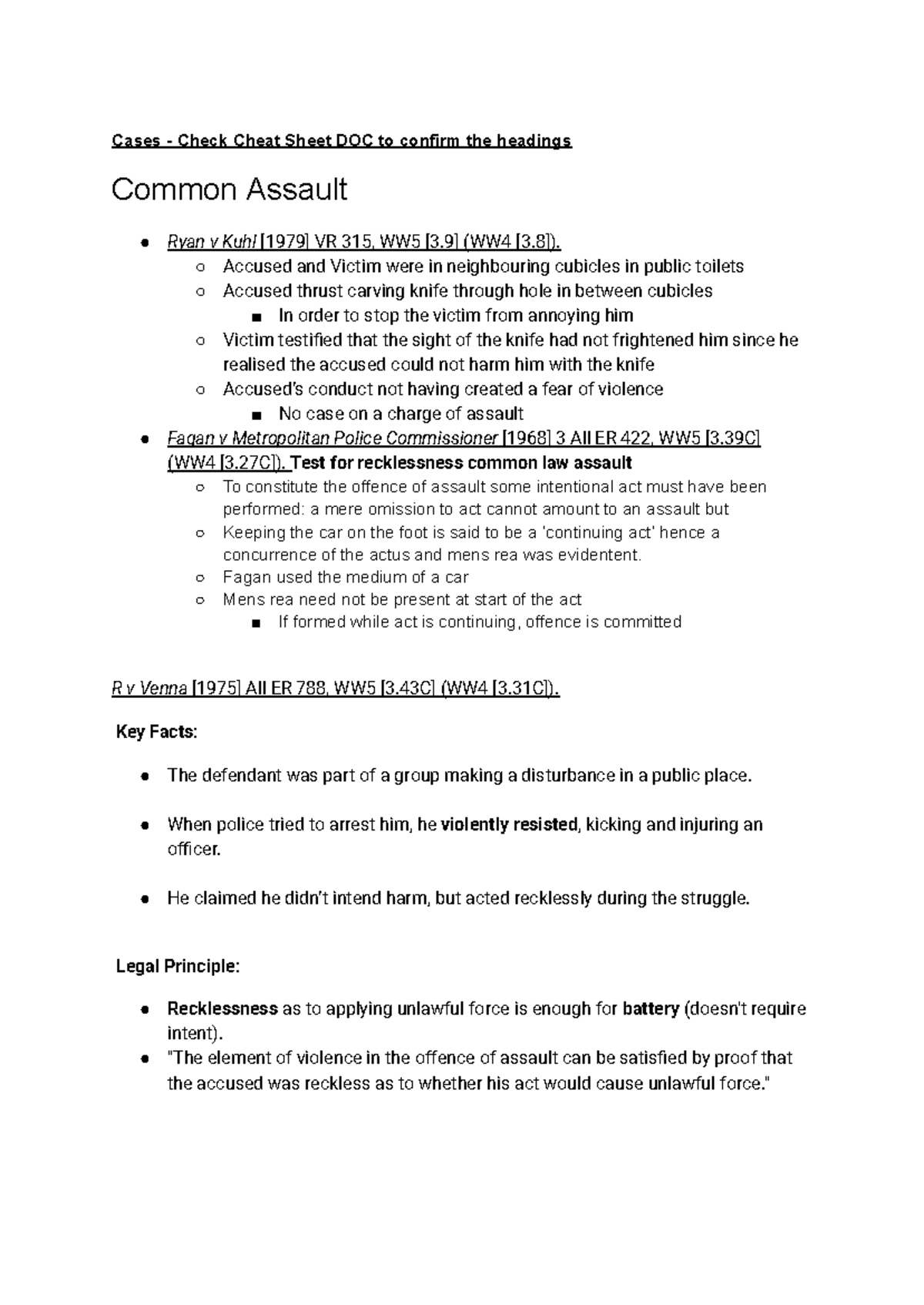 Criminal Law Cases Cheat Sheet: Key Assault Principles and Cases WW5 ...