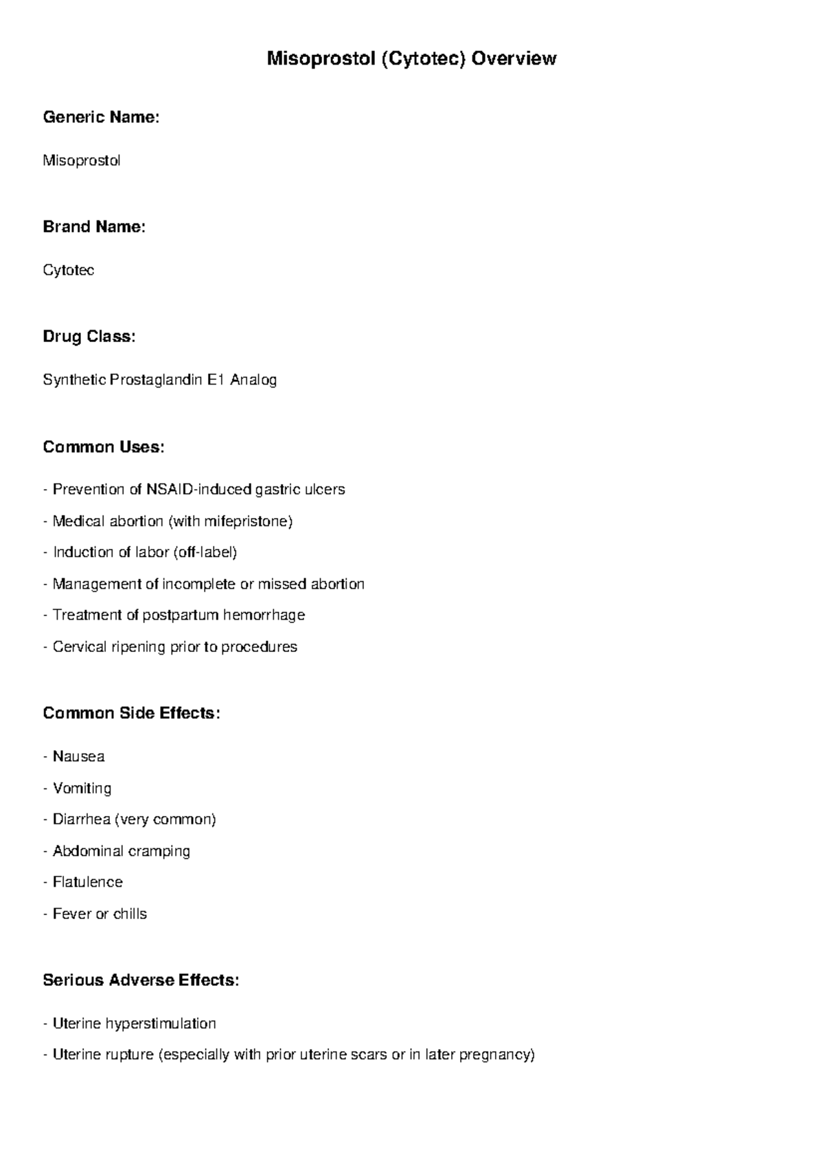 Misoprostol (Cytotec) Overview: Uses, Effects & Side Effects - Studocu