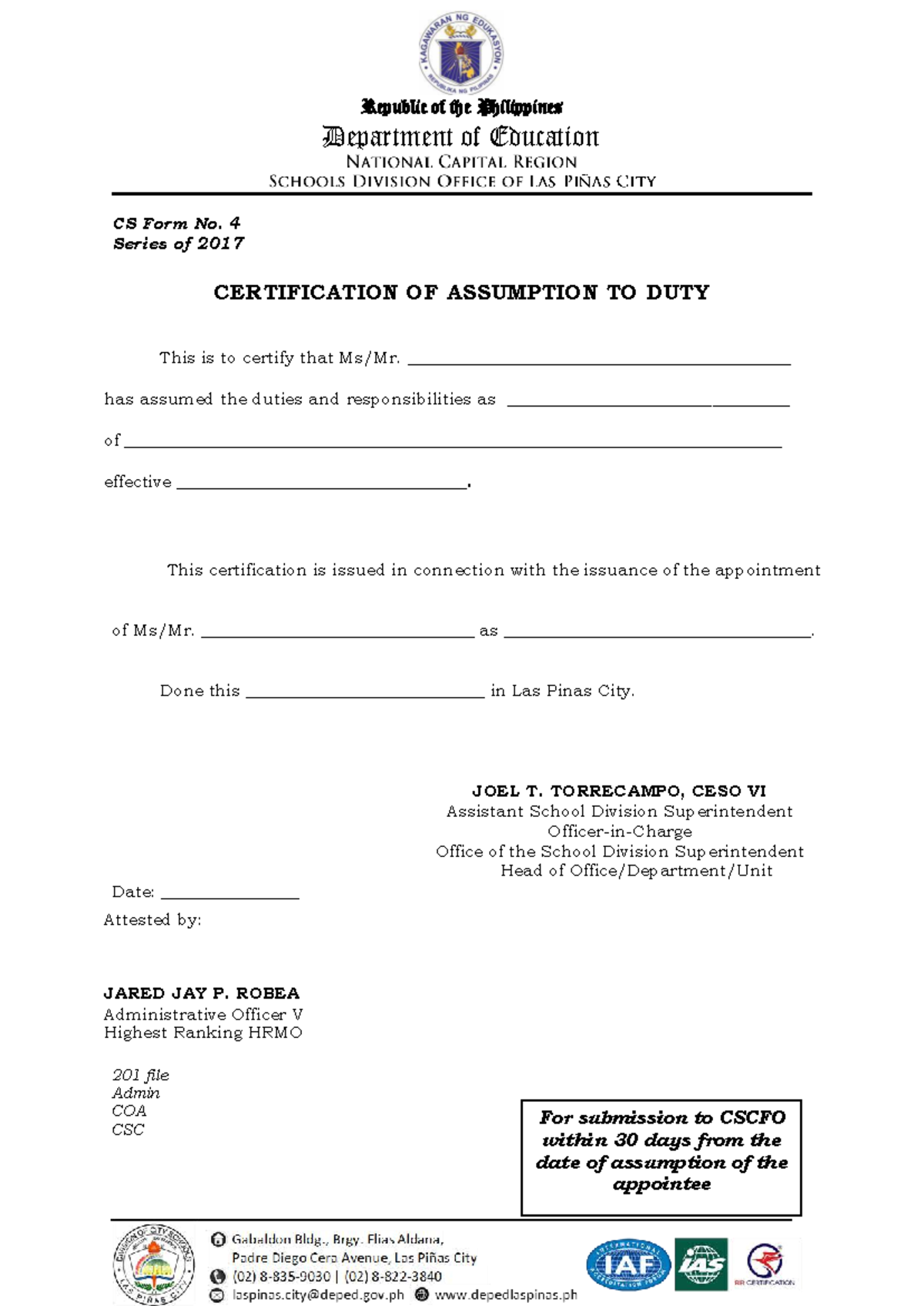 CS Form No. 4: Certification of Assumption to Duty - Studocu