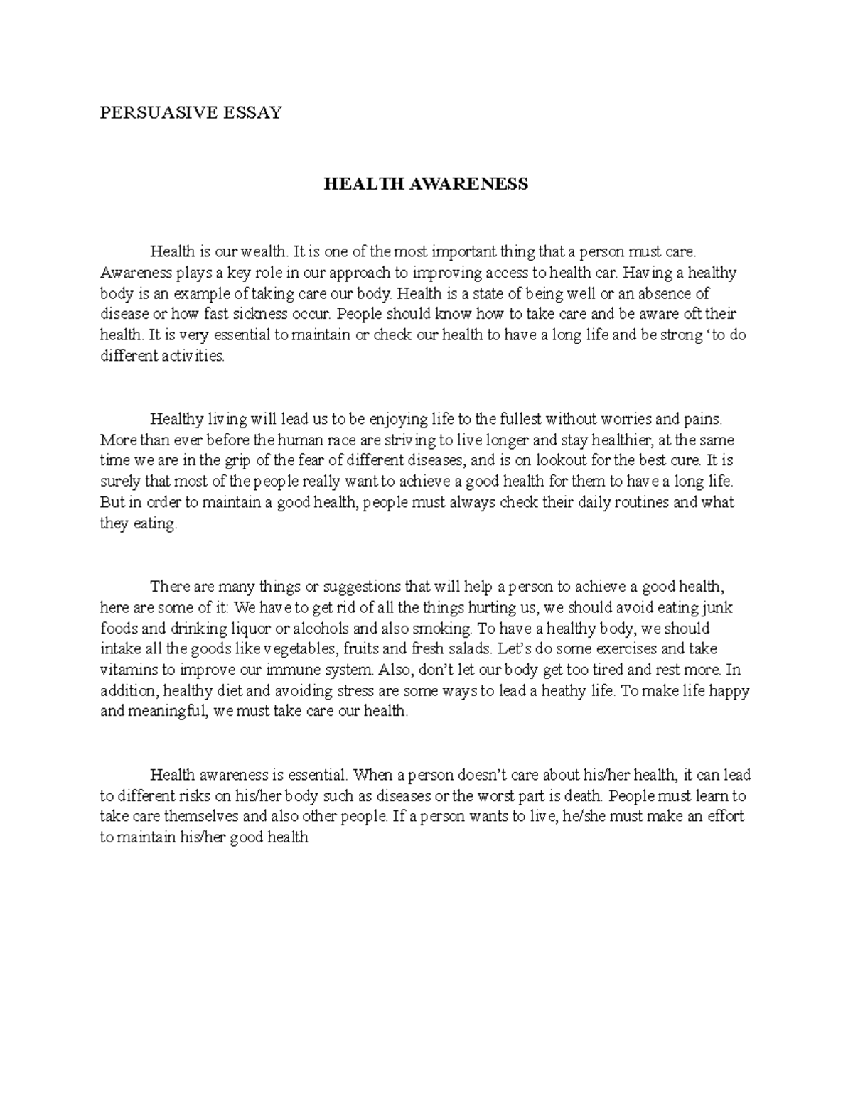 Purcom (Persuasive Essay on Health Awareness and Healthy Living) - Studocu
