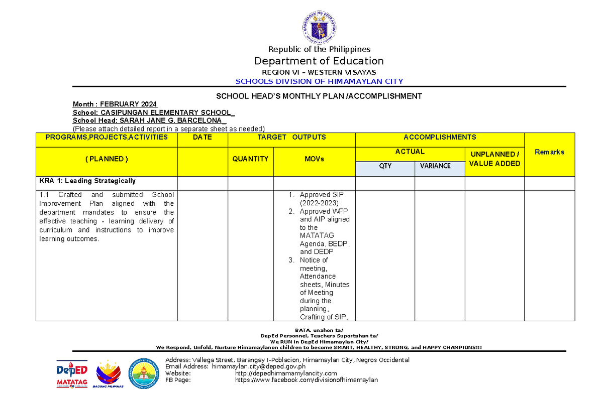 School Heads Monthly Accomplishment Report: February 2024 - Studocu