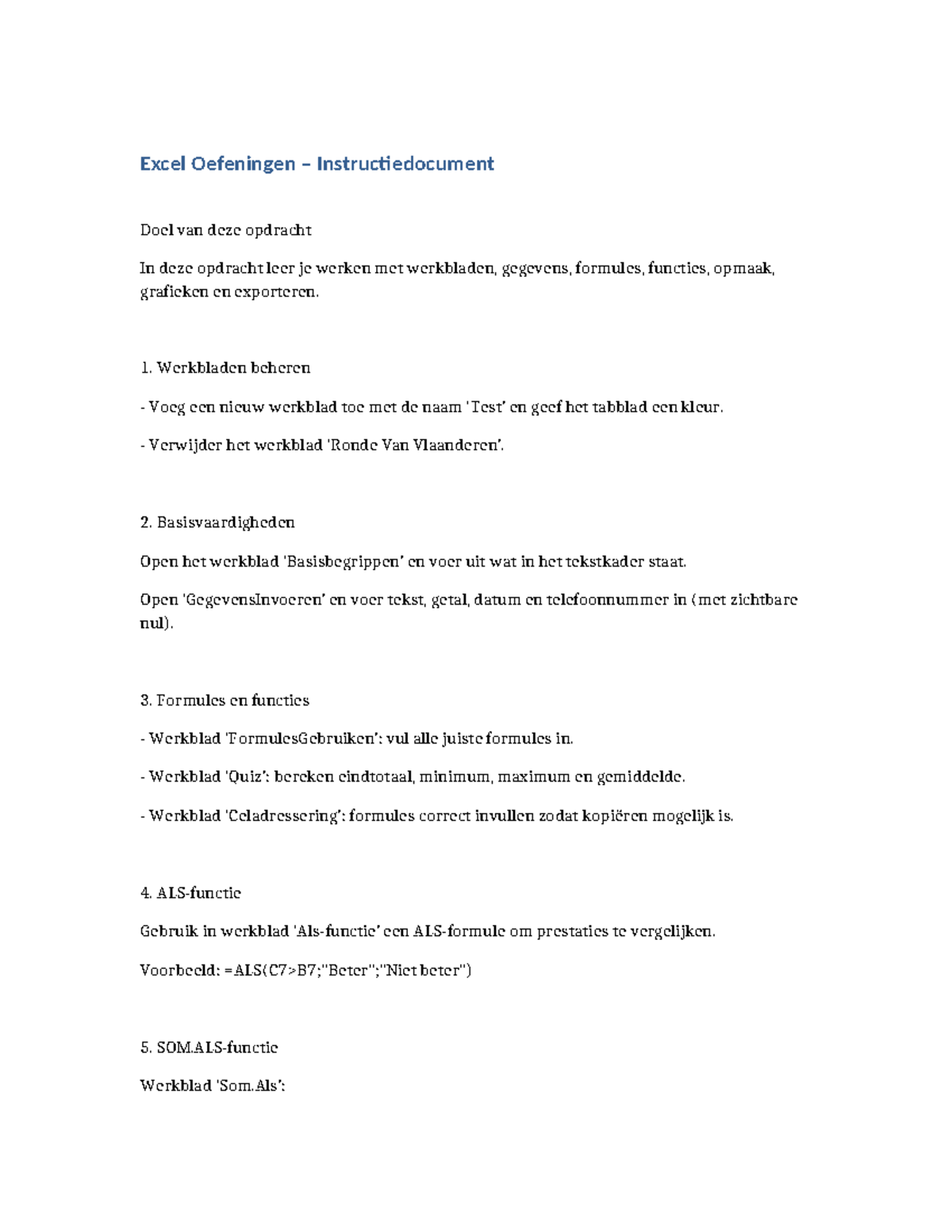 Excel Oefeningen Instructiedocument: Werkbladen en Formules - Studocu