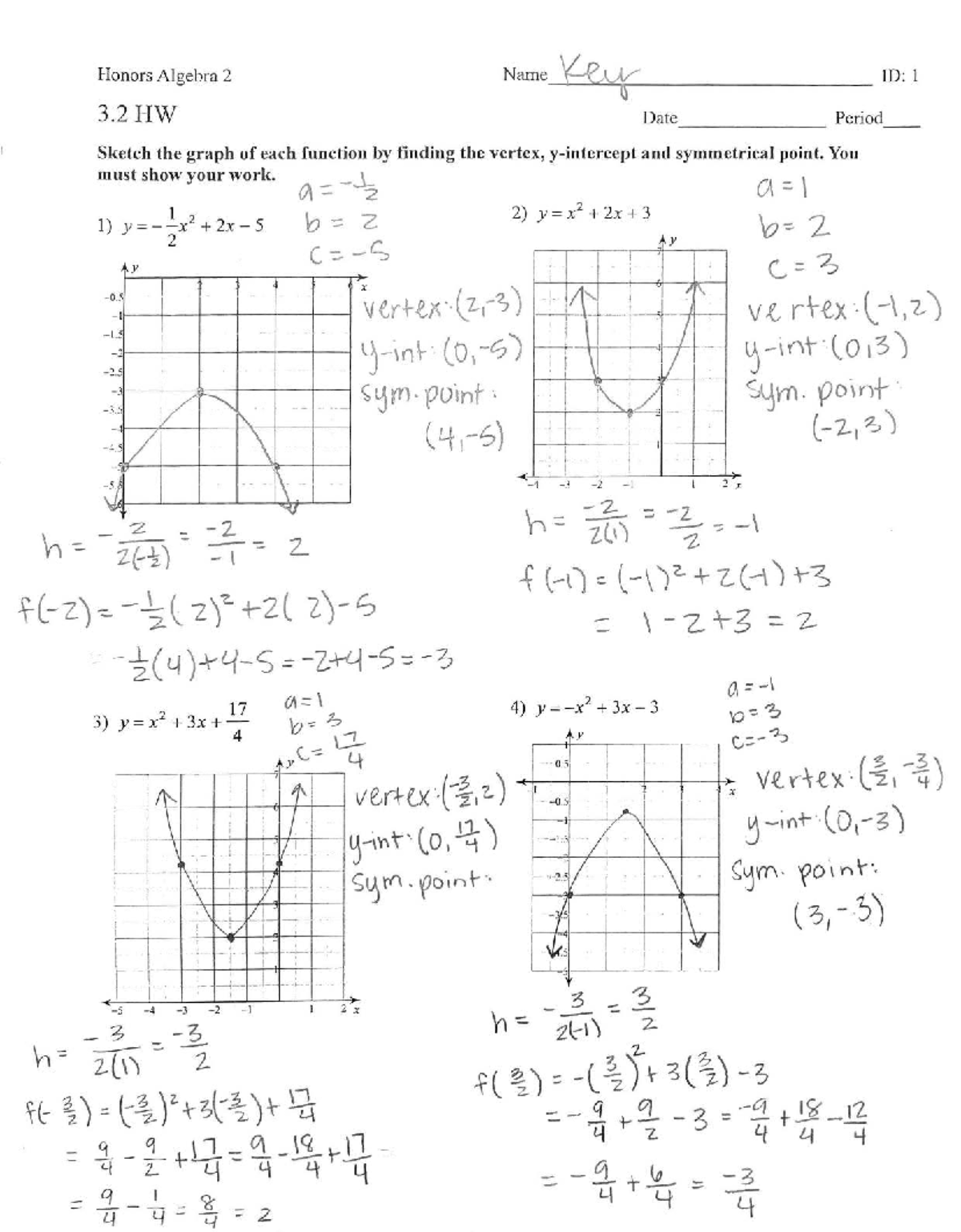 Honors Algebra 2 (3.2) Homework Key: Graphing Functions & Vertices ...