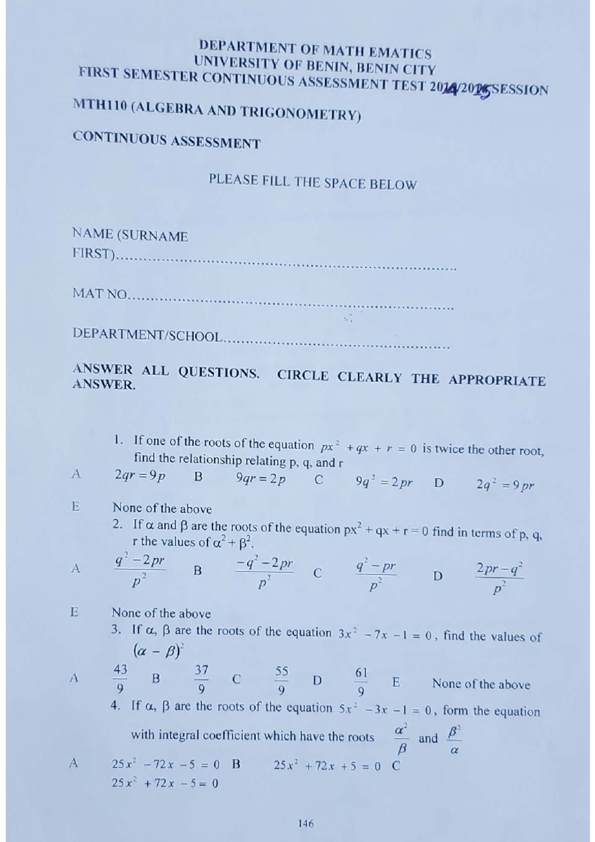 MTH 101 Continuous Assessment Questions on Algebra & Trigonometry - Studocu