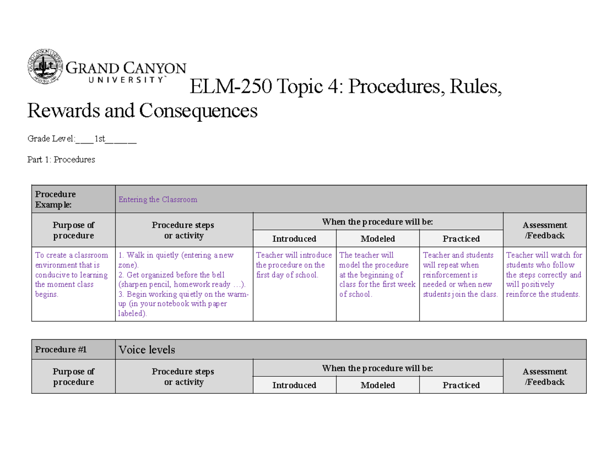 ELM 250: Classroom Procedures, Rules, Rewards & Consequences Guide ...