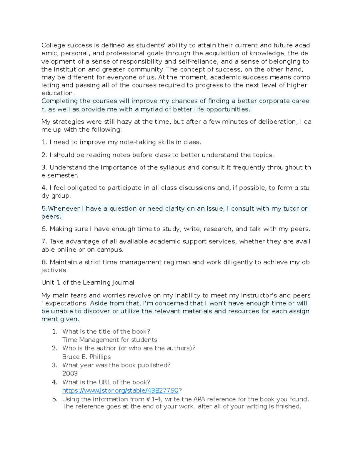 Univ 1001 Unit 1 Learning Journal Assignment - College success is ...