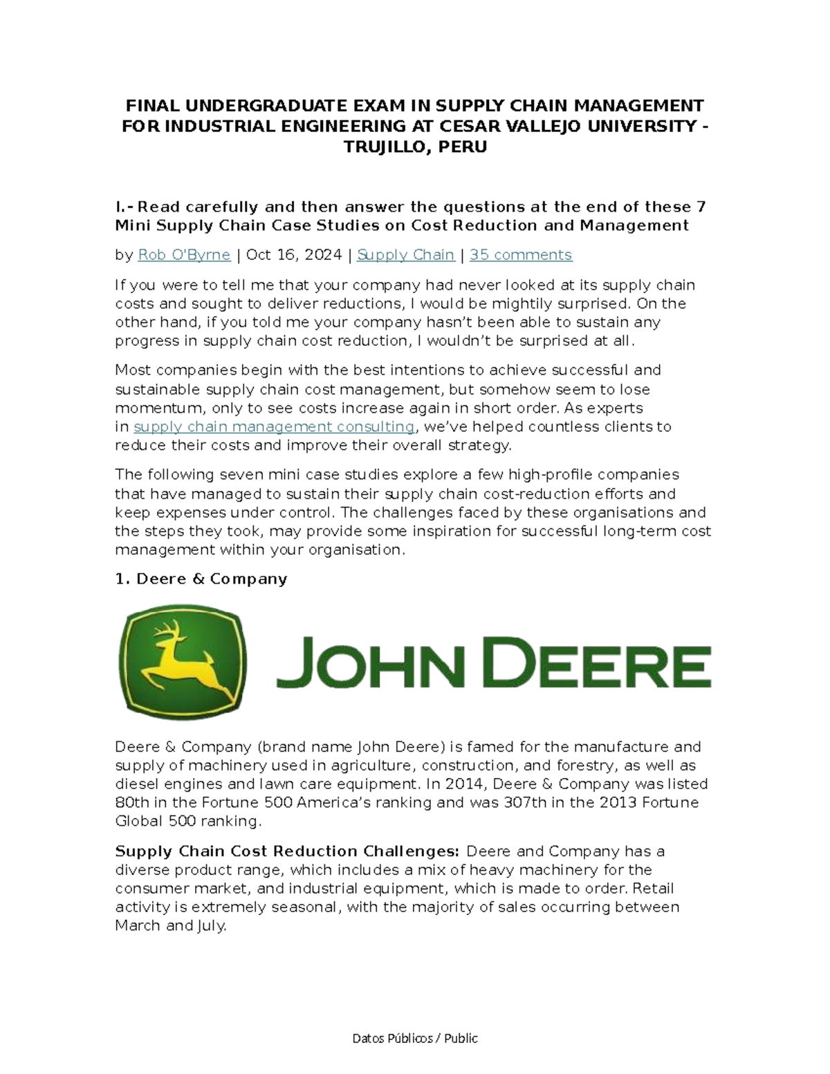 FINAL UNDERGRADUATE EXAM IN SUPPLY CHAIN MANAGEMENT (IE) - CASE STUDIES ANALYSIS - Studocu