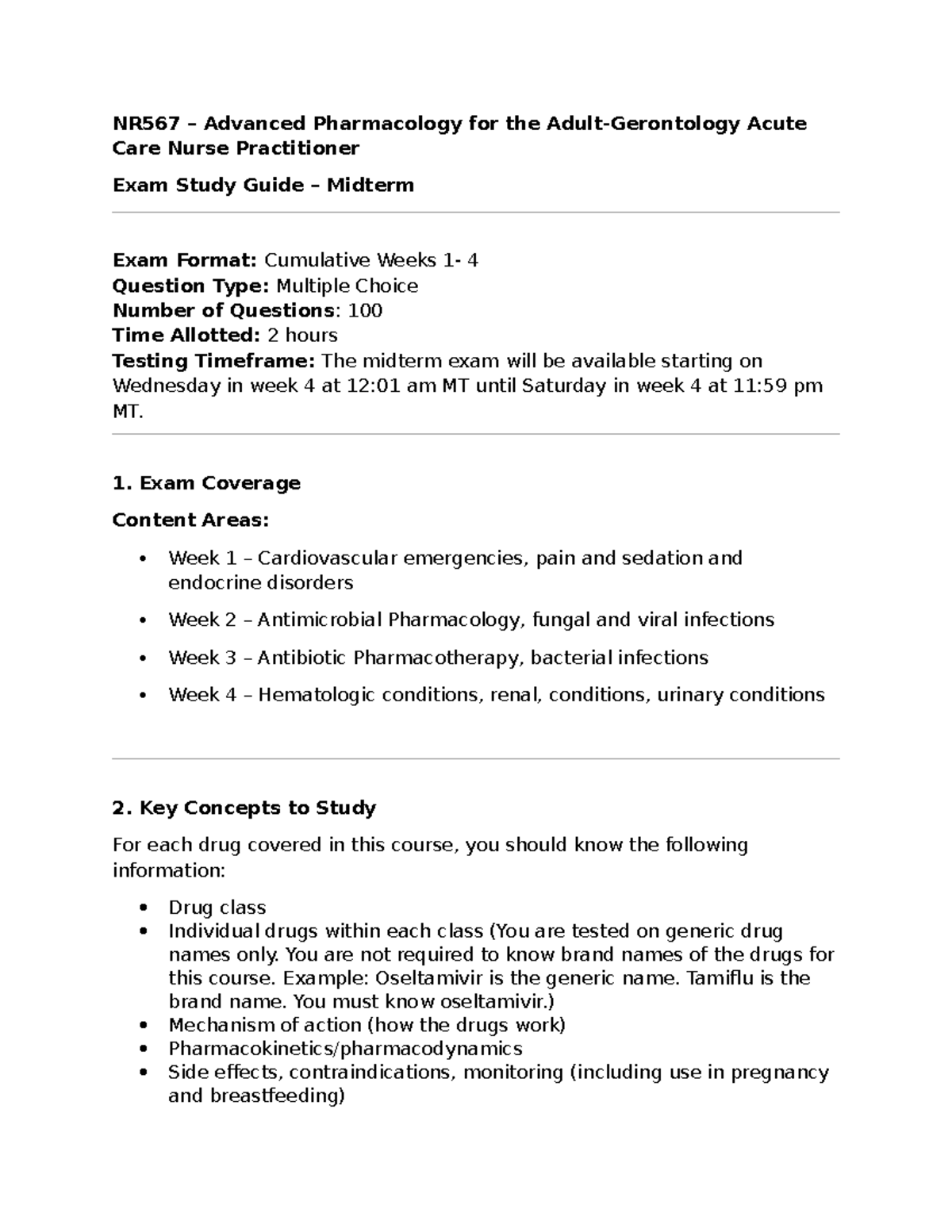 NR567 Advanced Pharmacology Midterm Exam Study Guide - Studocu
