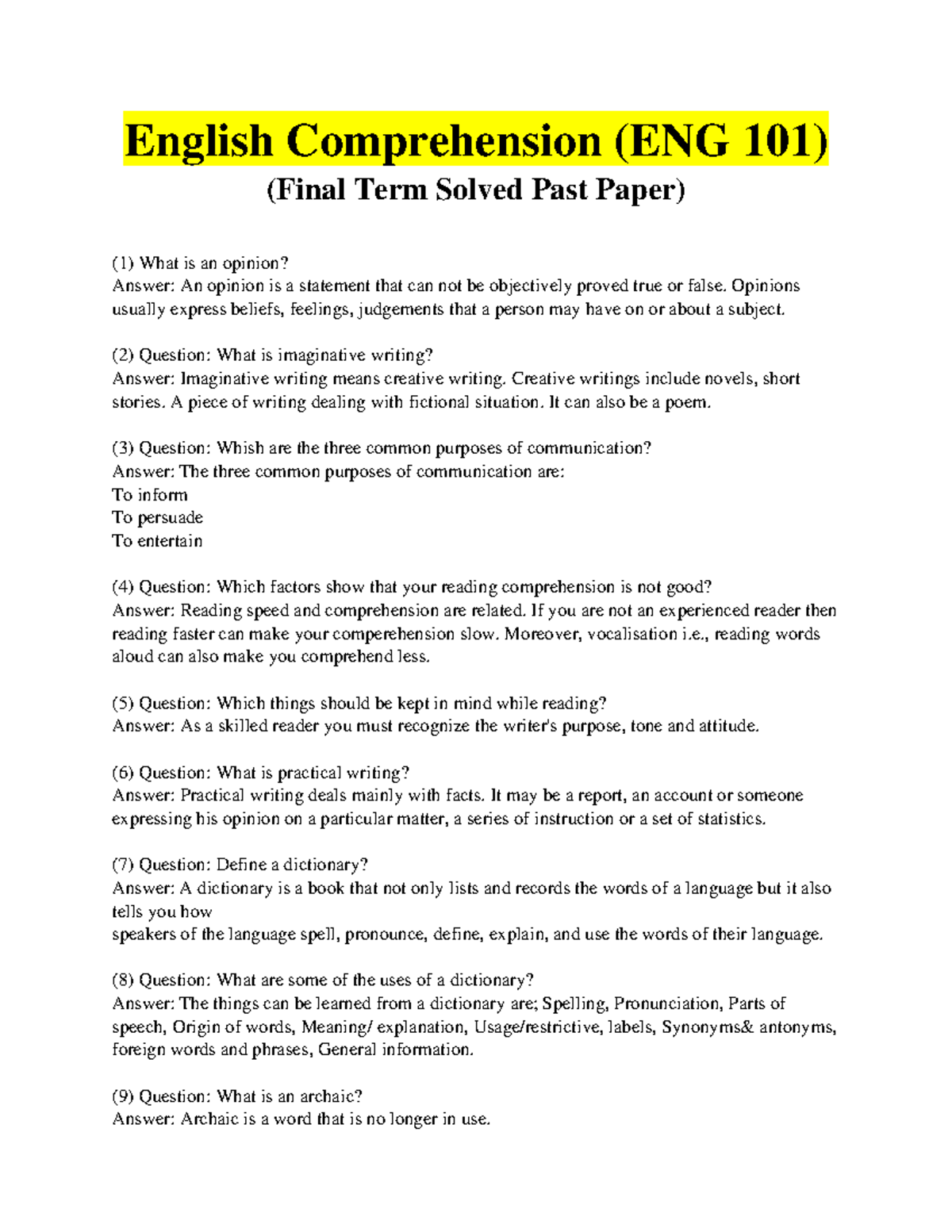 ENG101 Final Term Solved Past Paper - English Comprehension Guide - Studocu