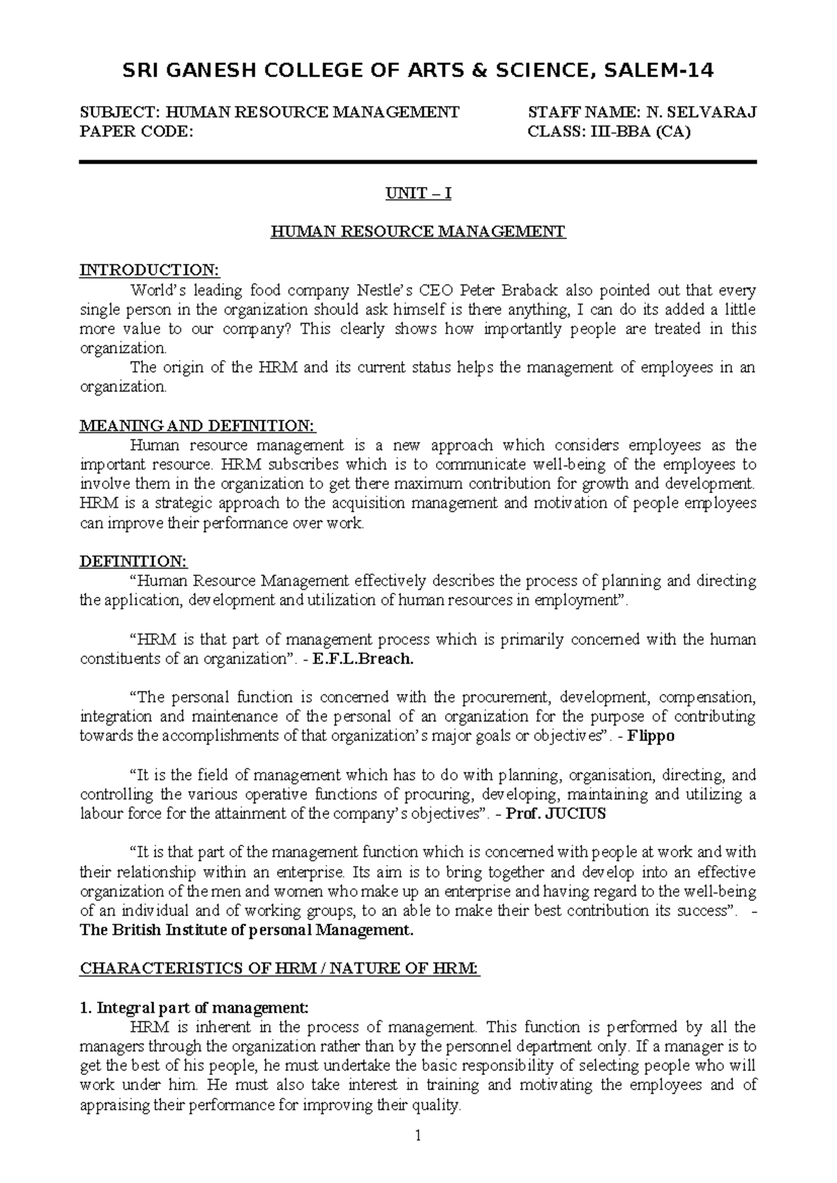 Human Resource Management (HRM) Notes - Unit I & II Overview - Studocu