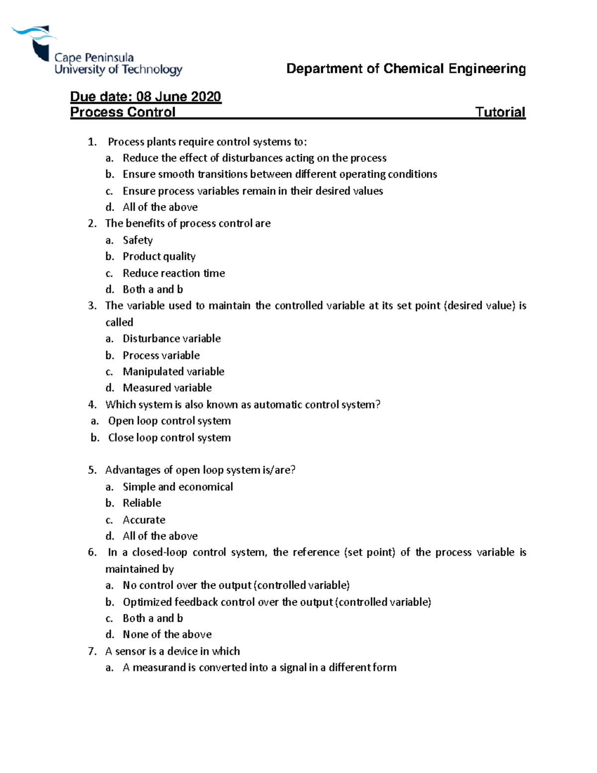 PRC Tutorial - modelling - Department of Chemical Engineering Due date ...