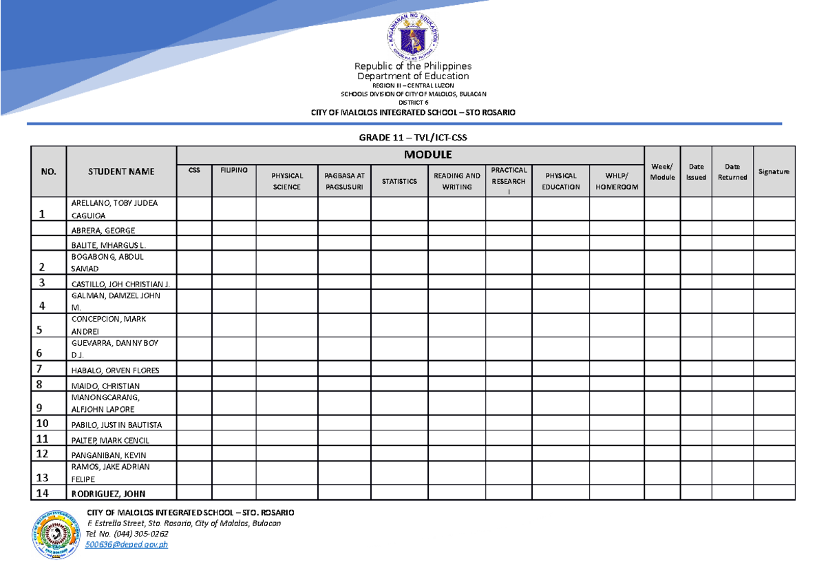 Grade 11 TVL/ICT-CSS Module Distribution Checklist - Studocu