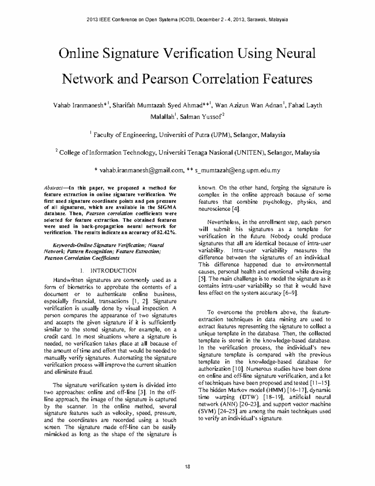 Online Signature Verification Using Neural Networks: ICOS 2013 ...