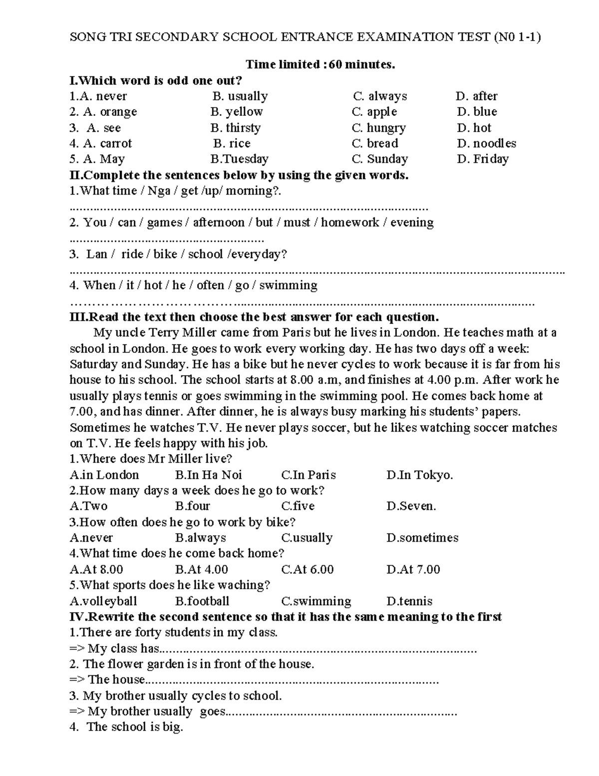 SONG TRI SECONDARY SCHOOL ENTRANCE EXAMINATION TEST (2020) - Studocu