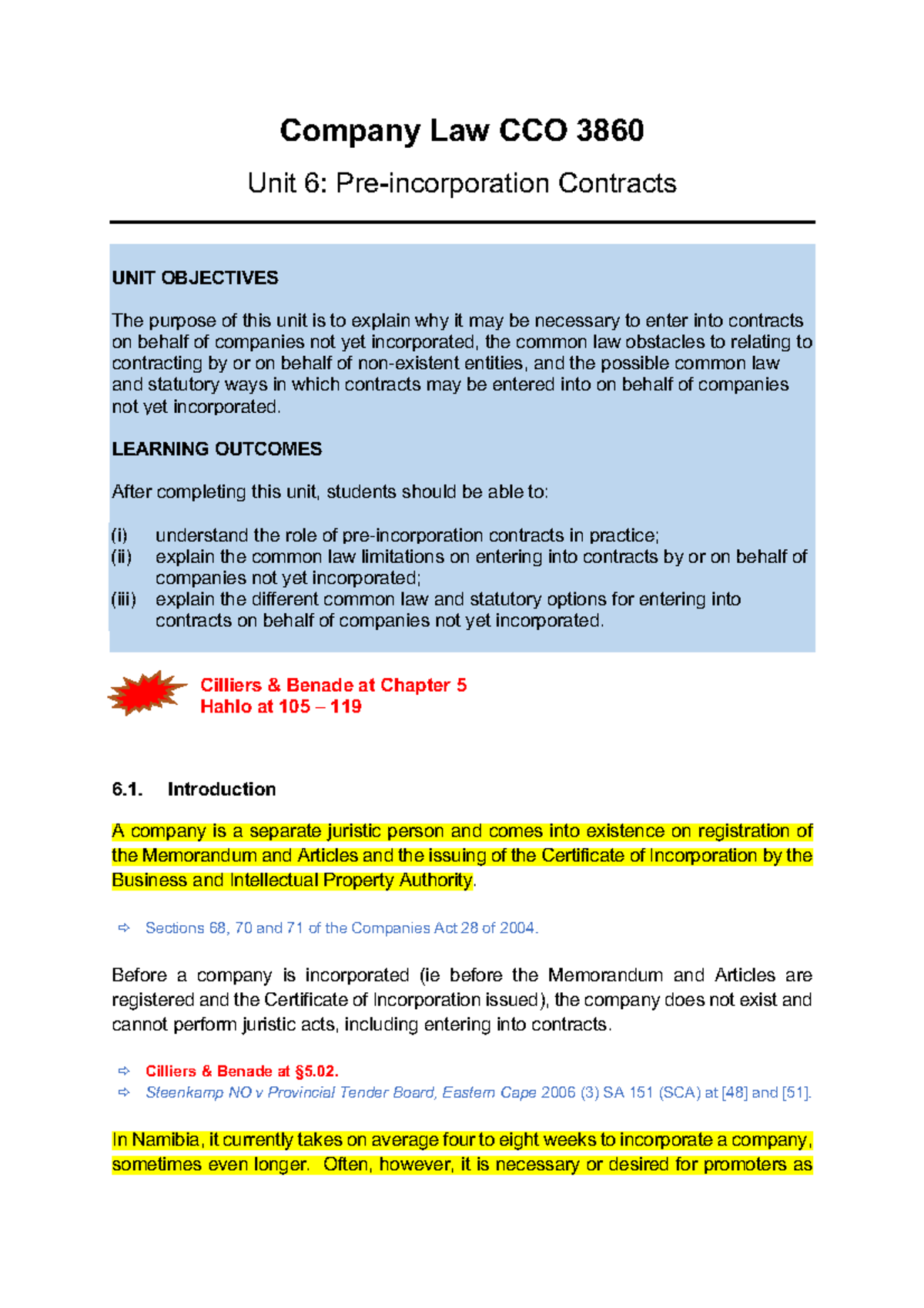 CCO 3860 Unit 6: Understanding Pre-incorporation Contracts in Company ...