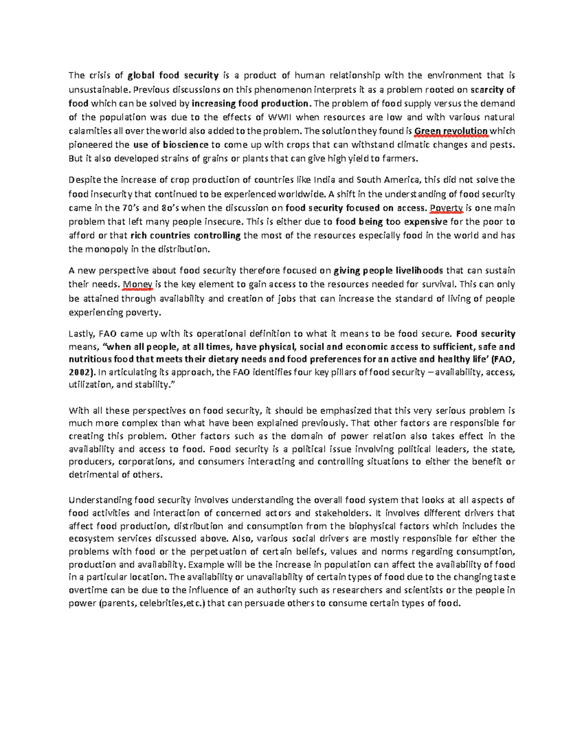 Food security notes - The crisis of global food security is a product ...