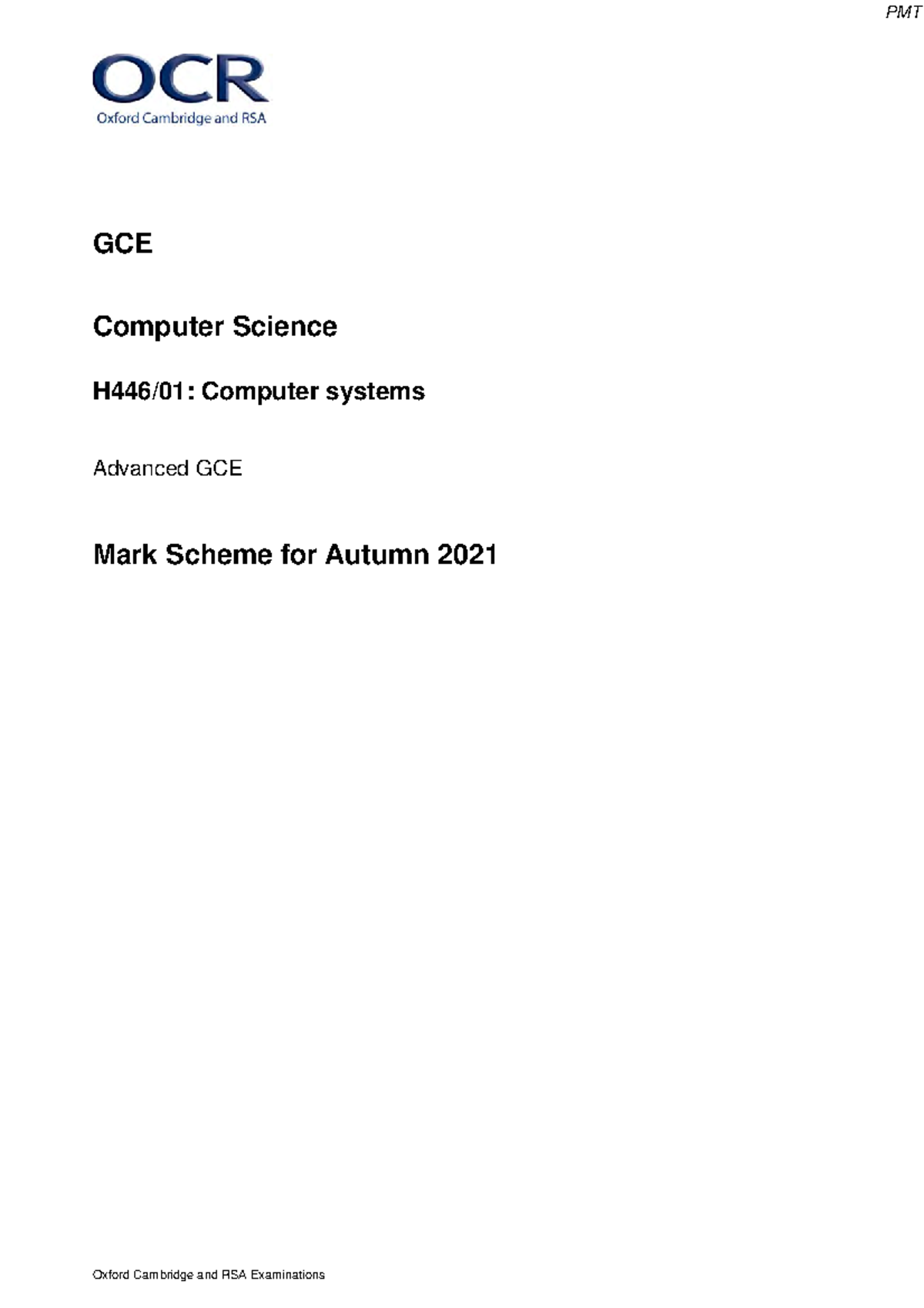 November 2021 H446/01 OCR Computer Science A-level Mark Scheme - Studocu