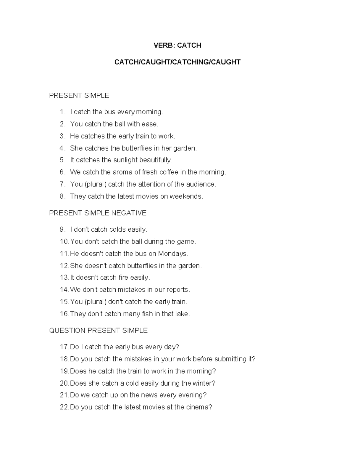 200 Oraciones en Inglés del Verbo "Catch" - Ejercicios Completo - Studocu