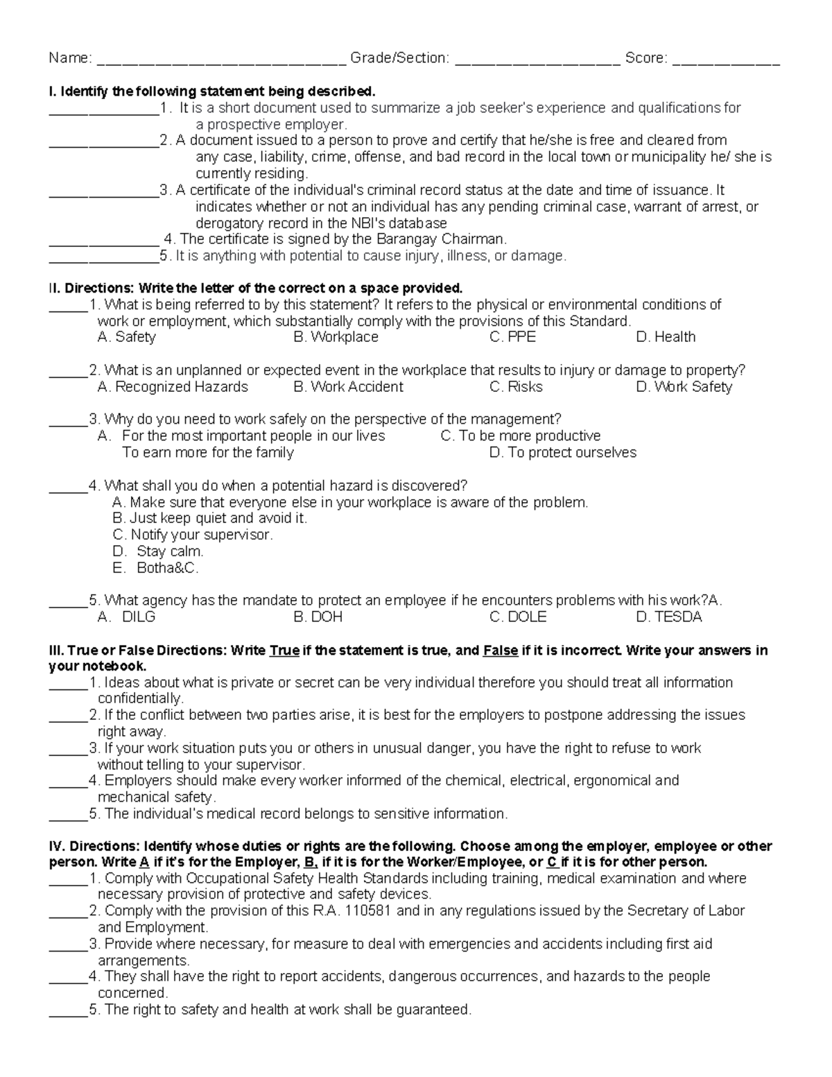Work immersion - Name: ______________________________ Grade/Section
