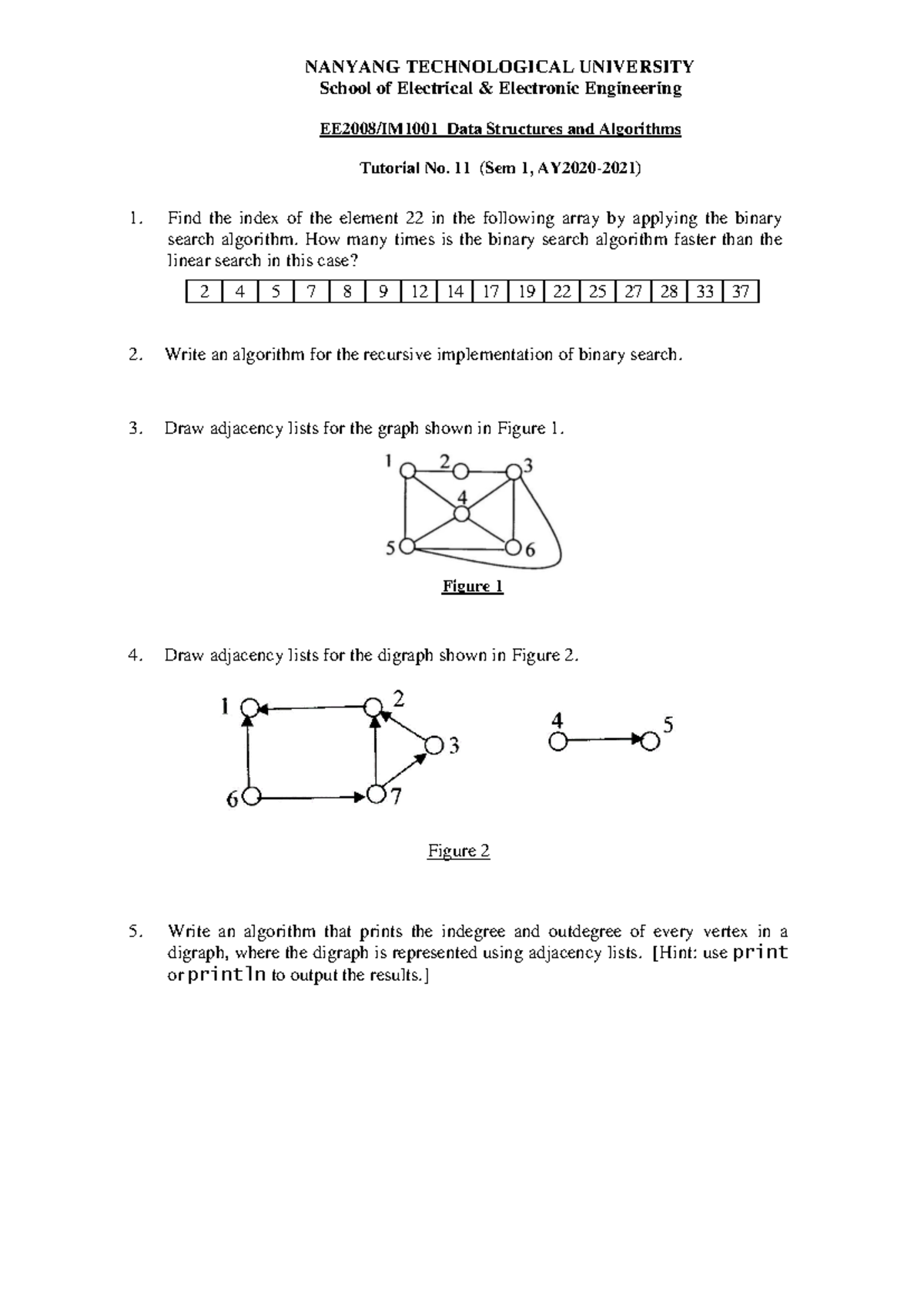 EE2008-IM1001 Data Structures & Algorithms Tutorial 11 Notes - Studocu