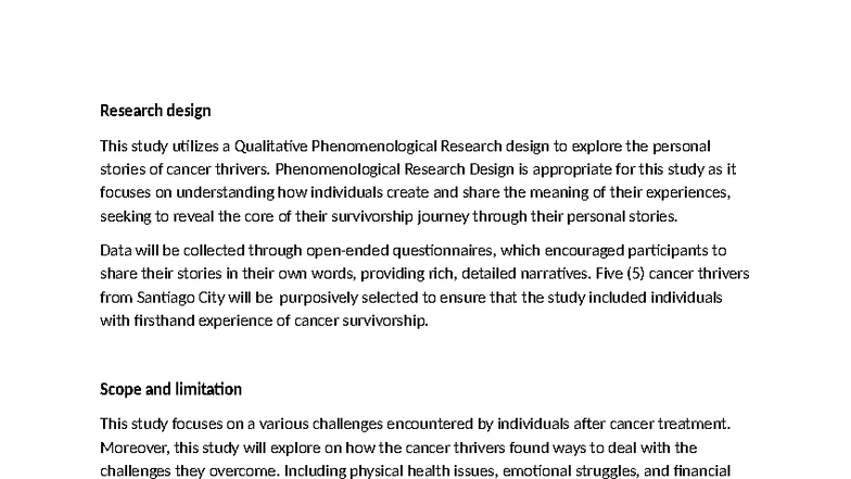 Qualitative Phenomenological Research Design on Cancer Thrivers - Studocu