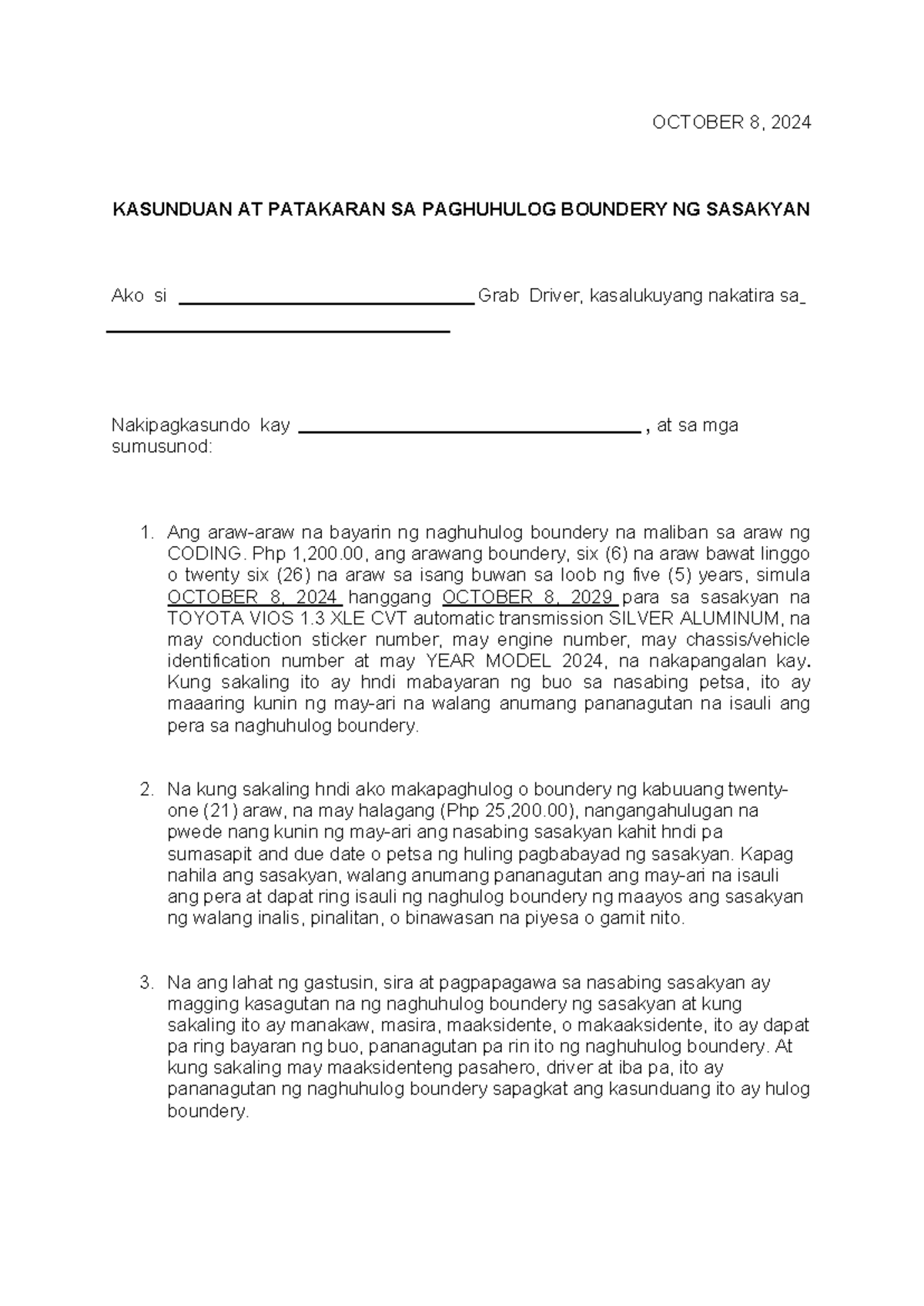 Kasunduan sa Paghulog Boundery ng Sasakyan (October 2024) - Studocu