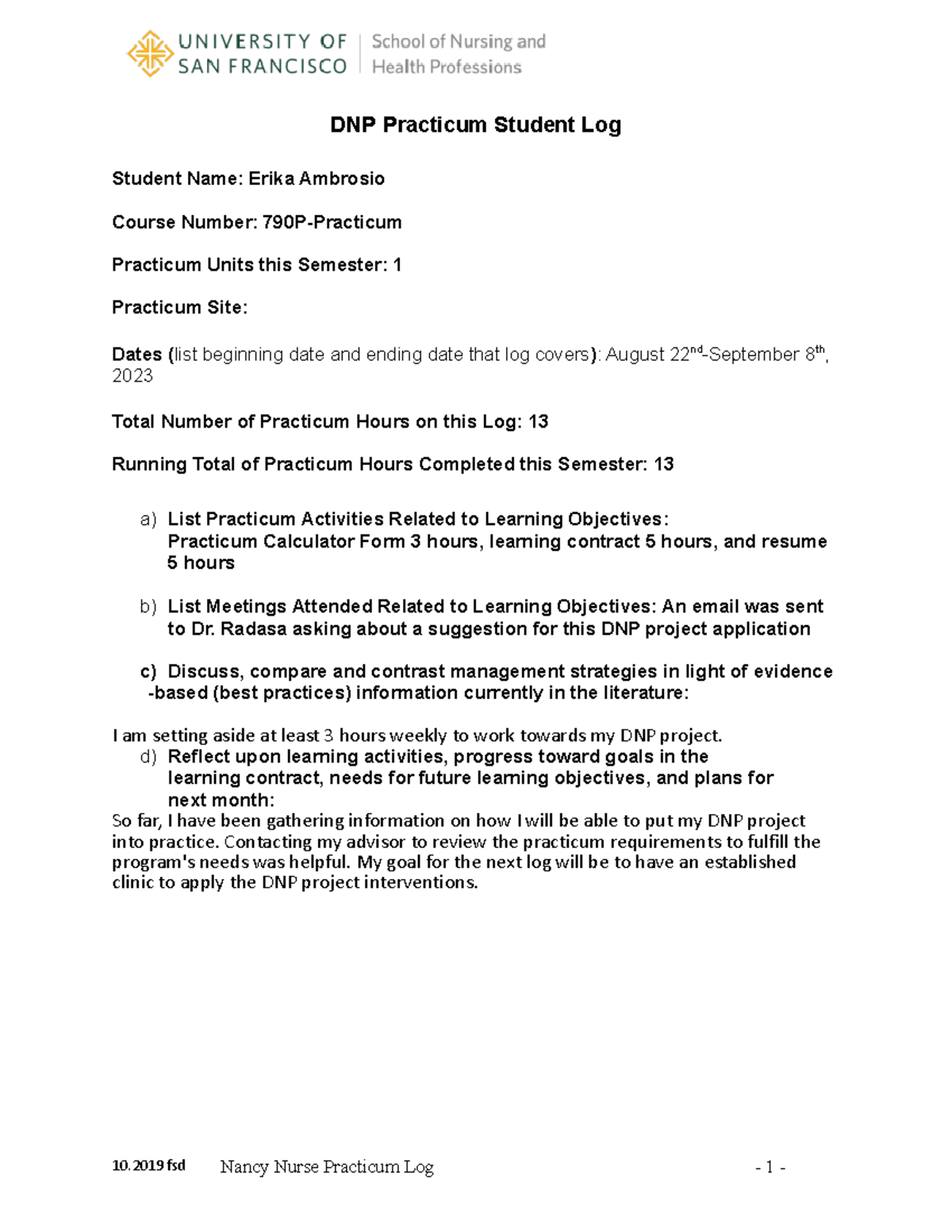 DNP 790P Practicum Hours Log 1 - Activities and Reflections - Studocu