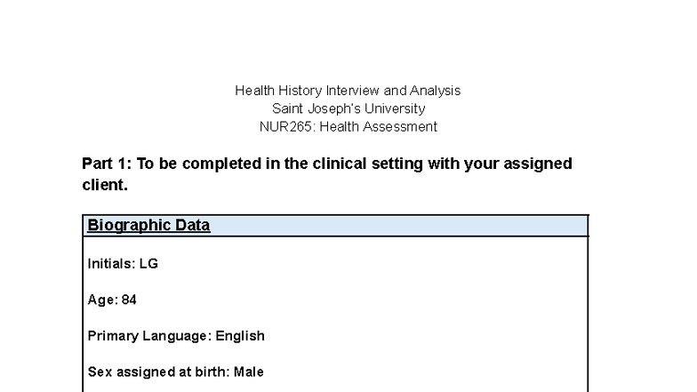 NUR265: Health Assessment - Health History Interview & Analysis - Studocu