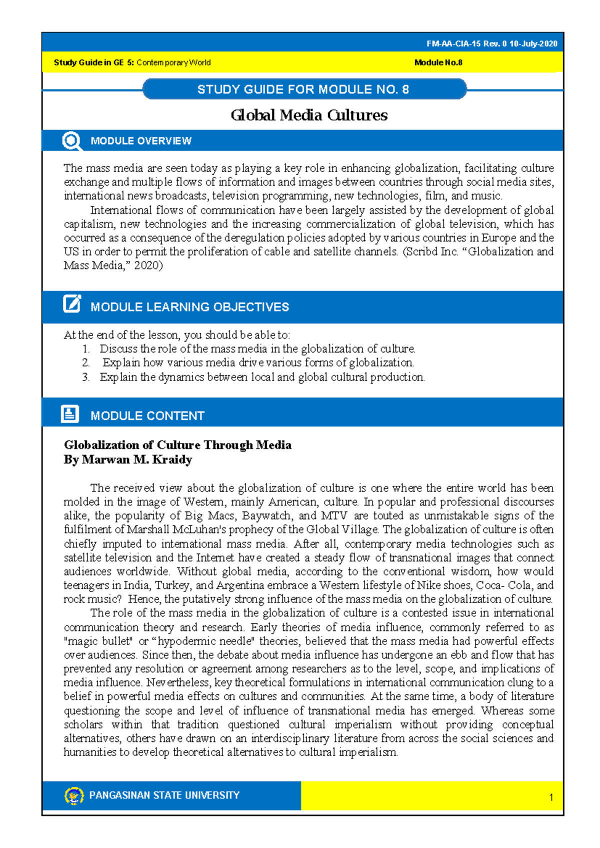 TCW GE 5 Study Guide: Module 8 - Global Media Cultures Insights - Studocu