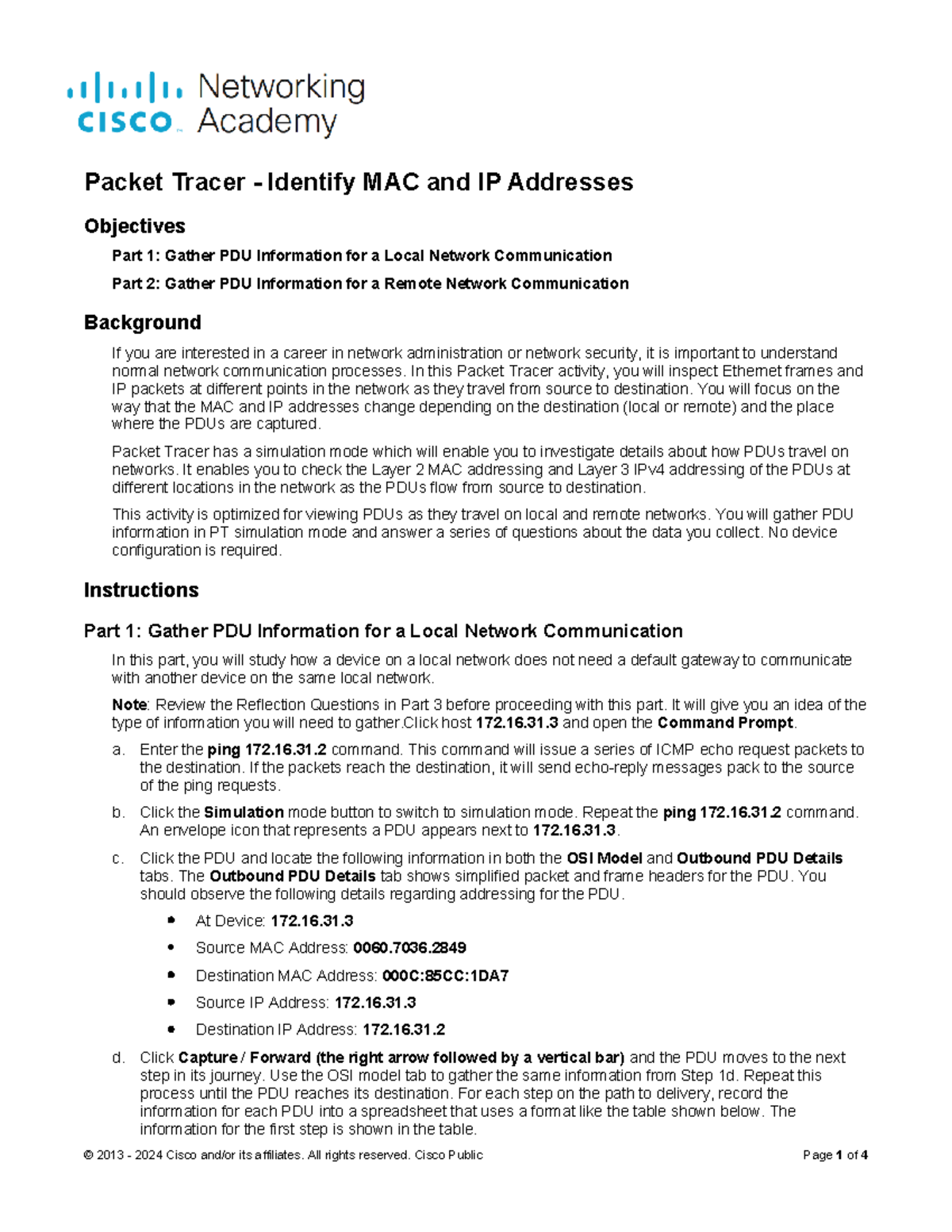 13 1 3 Packet Tracer: Analyzing MAC & IP Addresses in Local & Remote ...