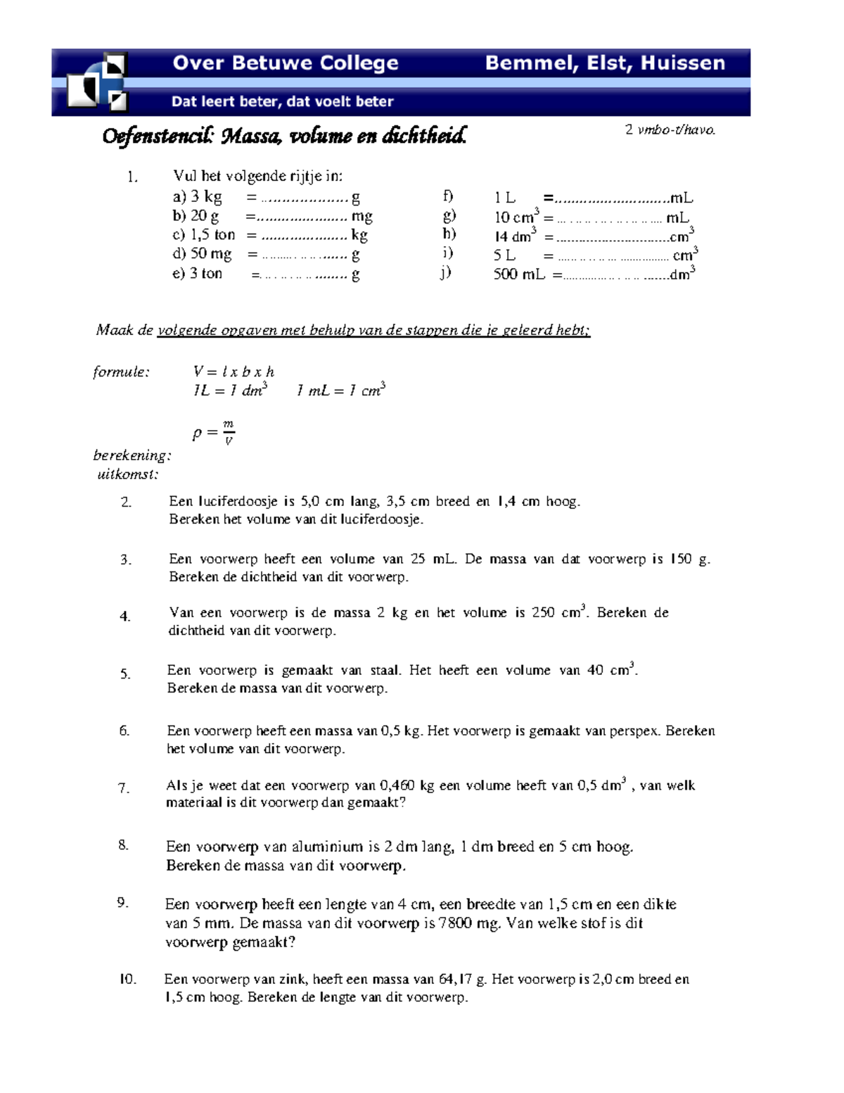 Oefenmateriaal: Massa, Volume en Dichtheid (2TH H10) - Studeersnel
