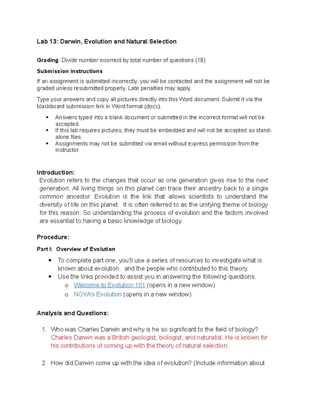 Lab 13: Darwin and Natural Selection Concepts Overview - Studocu