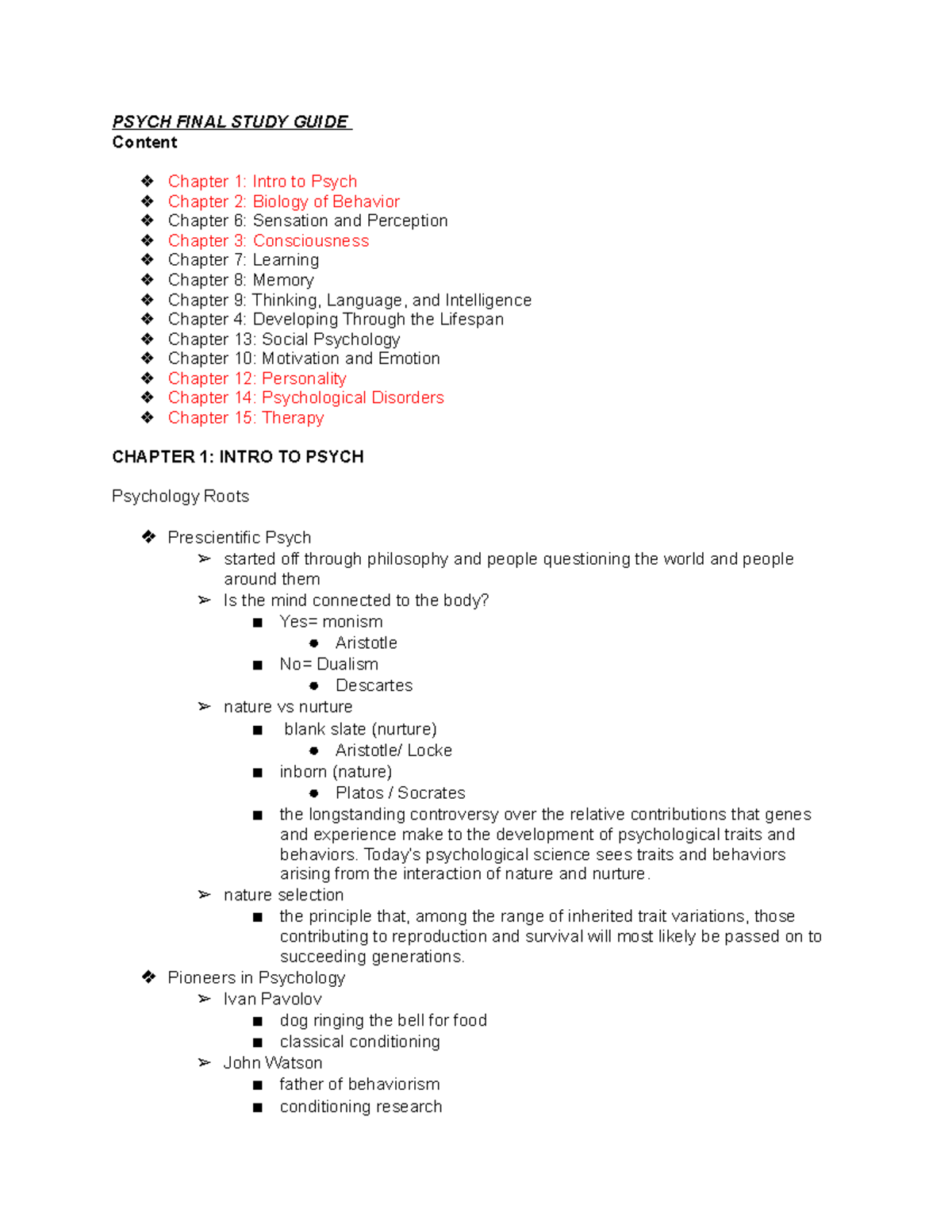 PSYC 160 Final Study Guide - PSYCH FINAL STUDY GUIDE Content Chapter 1 ...
