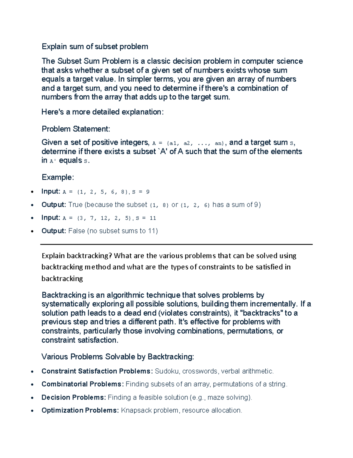CS101: Understanding the Subset Sum Problem & Backtracking Techniques - Studocu