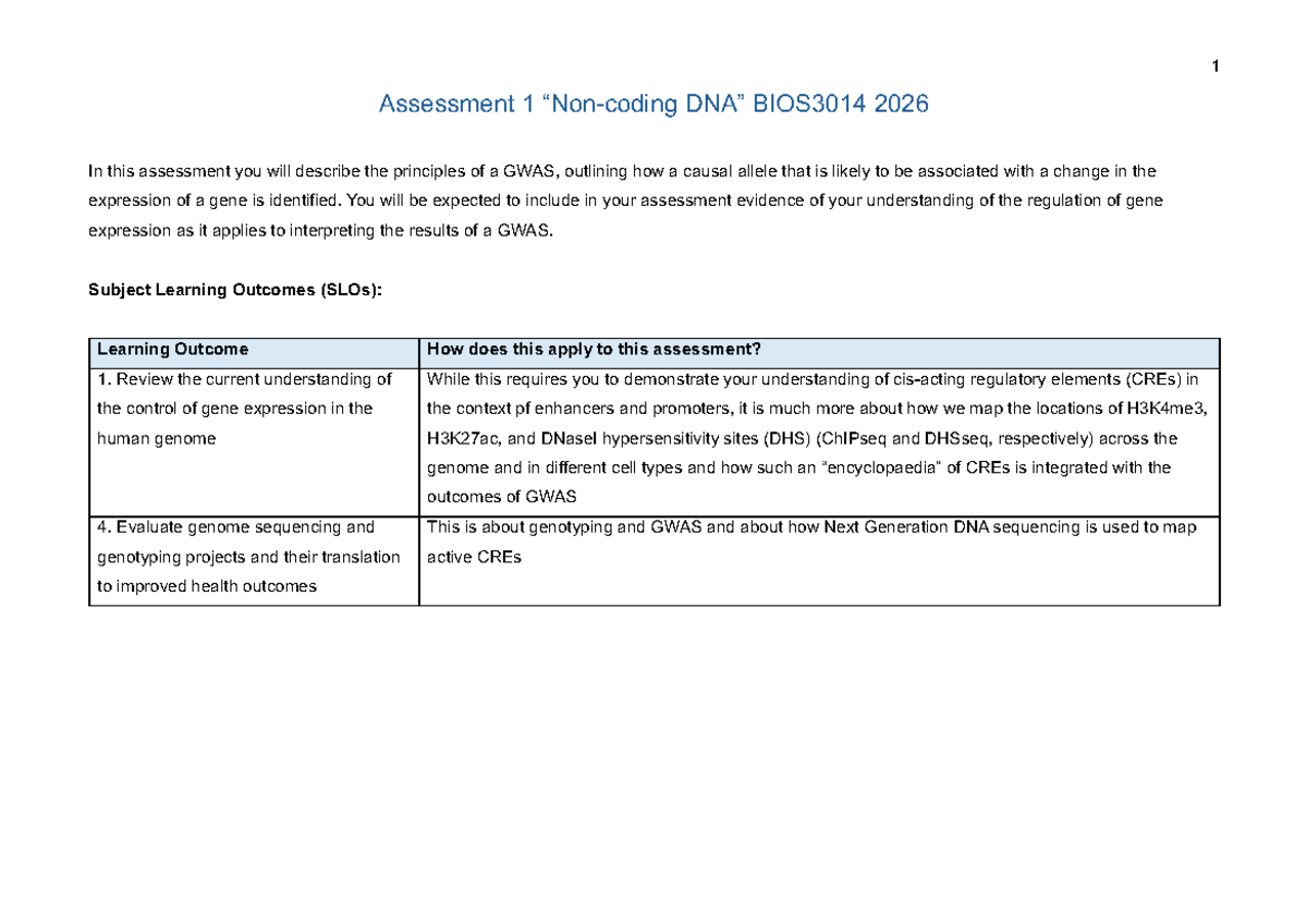 Assessment 1 Rubric for BIOS3014: GWAS Principles and Gene Expression ...