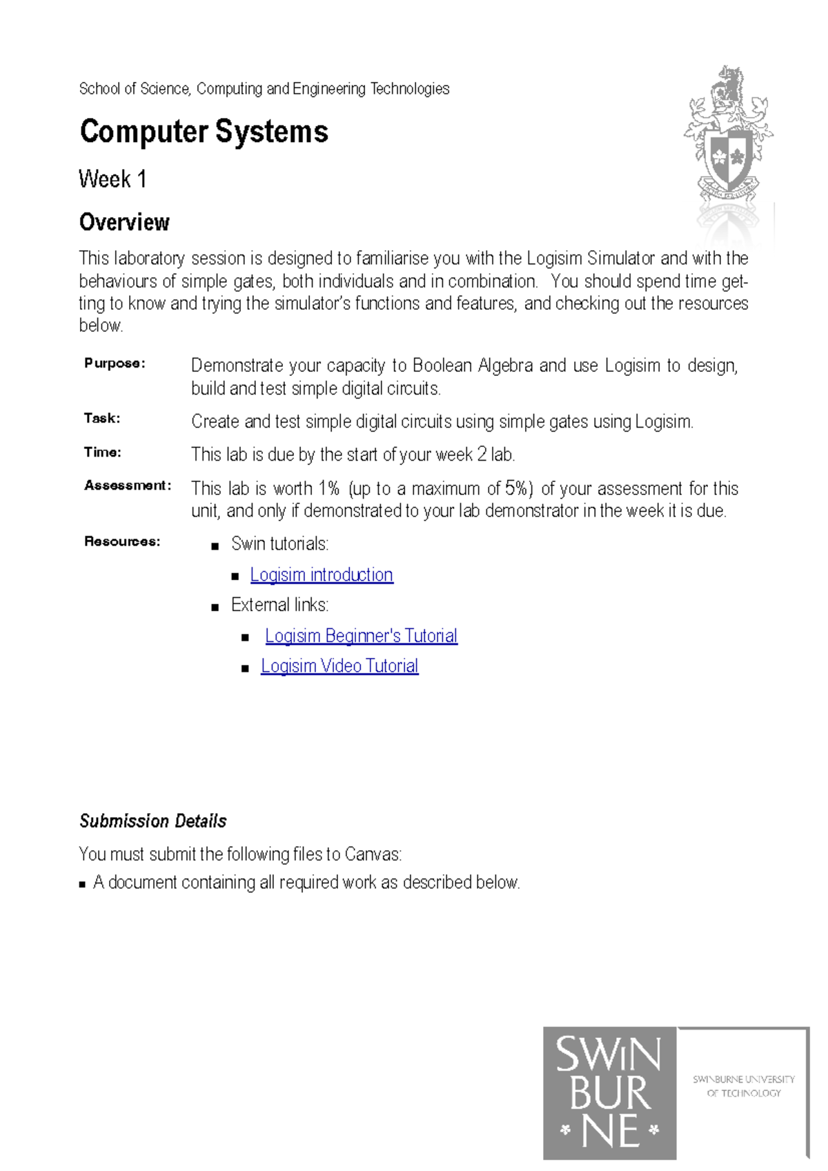 Week1 Lab - Week 1 lab - School of Science, Computing and Engineering Technologies Computer ...