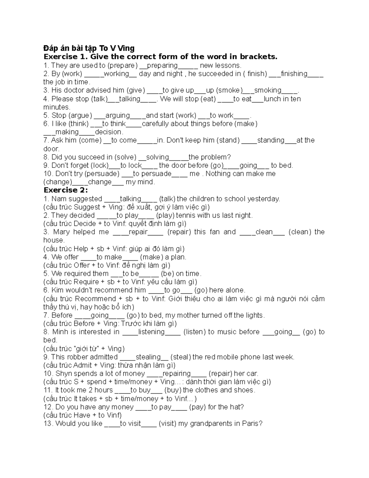 Đáp án bài tập To V Ving - Tiếng Anh hàng ngày thực hành - Studocu