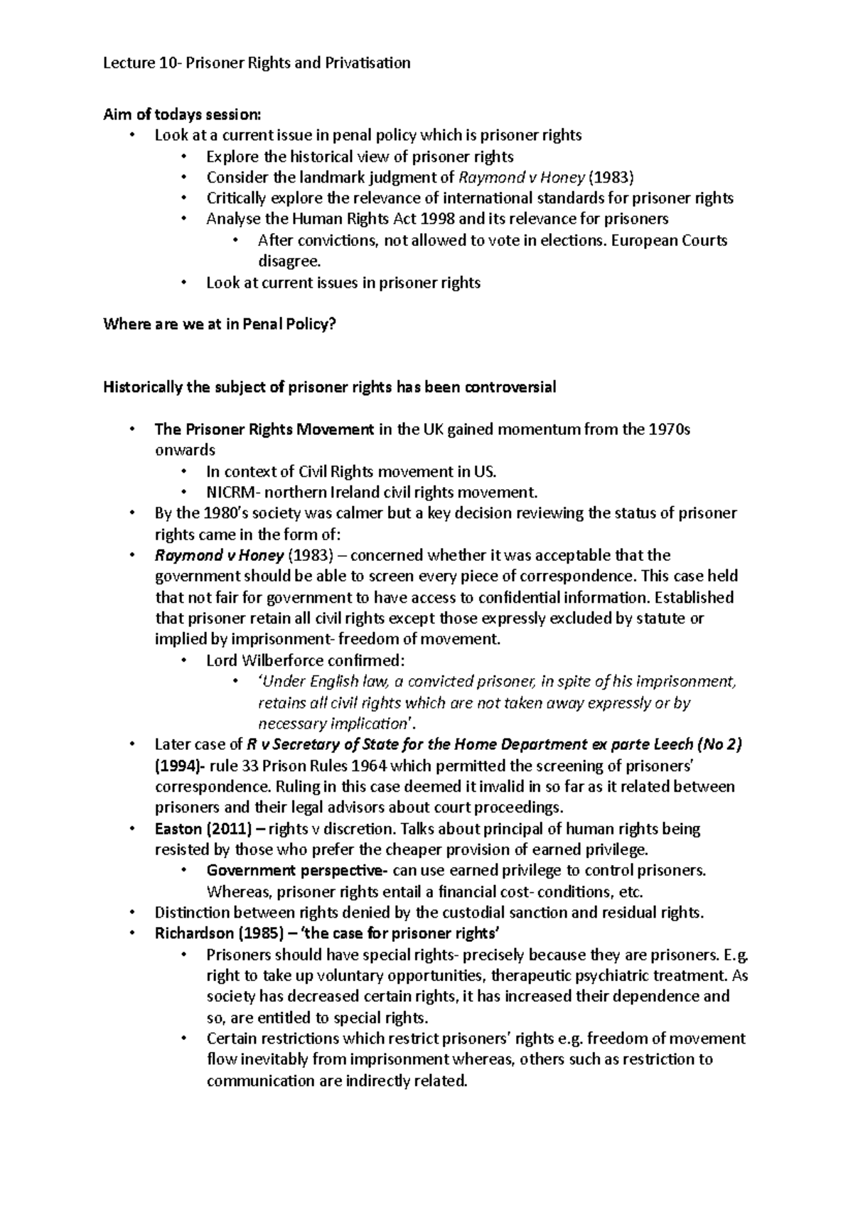 Lecture 10- Prisoner Rights and Privatisation - Aim of todays session ...