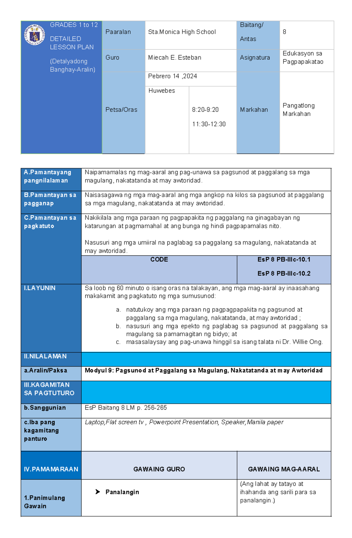 EsP 8 Detailed Lesson Plan: Pagsunod at Paggalang sa Magulang - Studocu