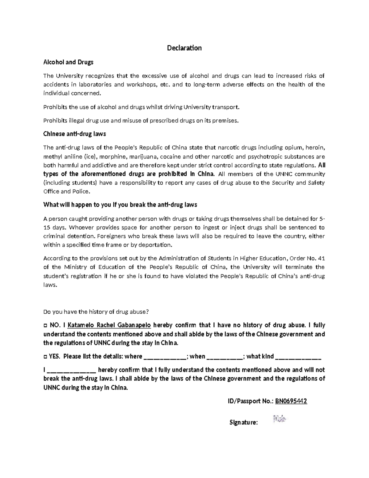 Declaration of No History of Drug Abuse - UNNC Compliance Form - Studocu