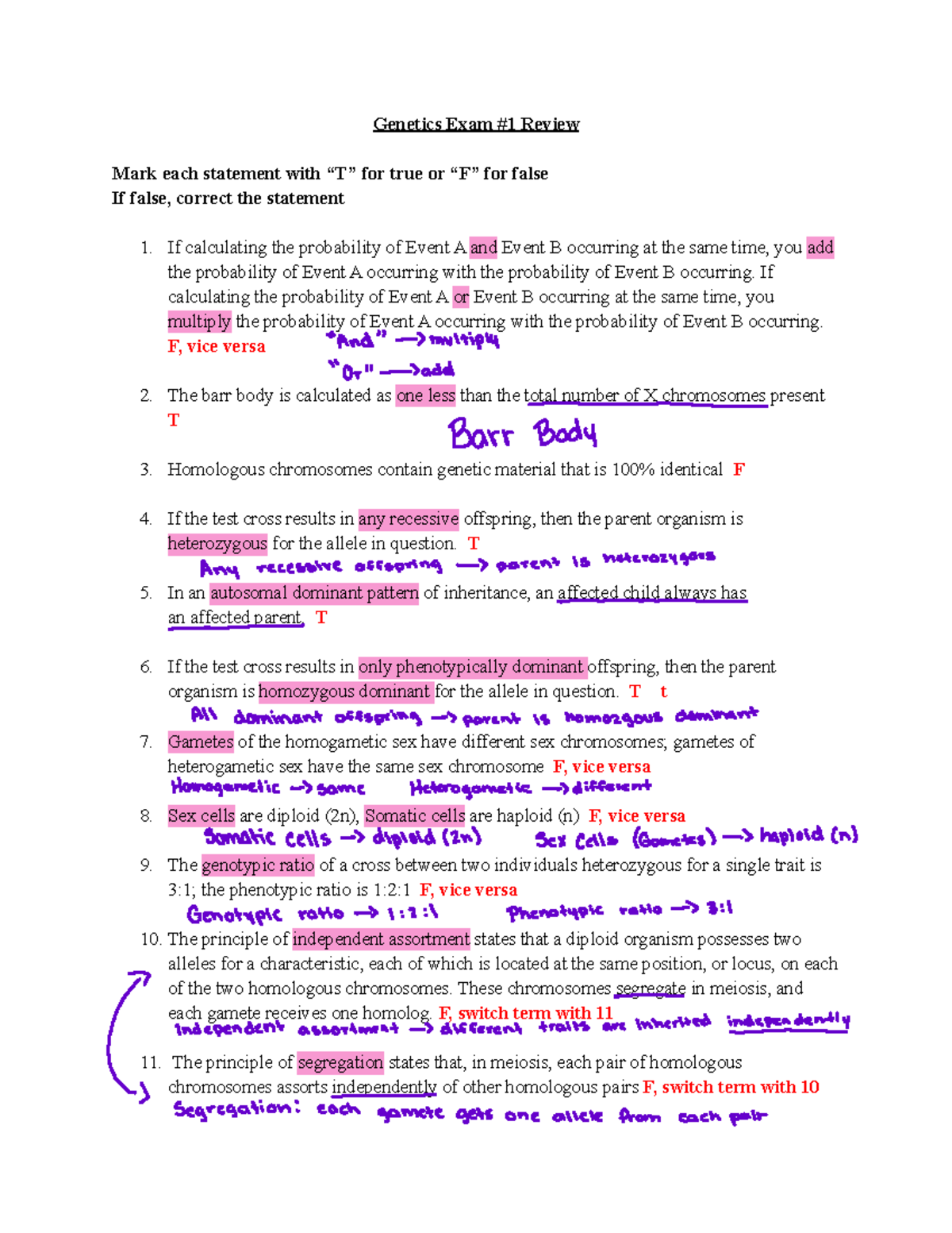 Genetics Exam 1 Review Questions and Answers Key - Studocu